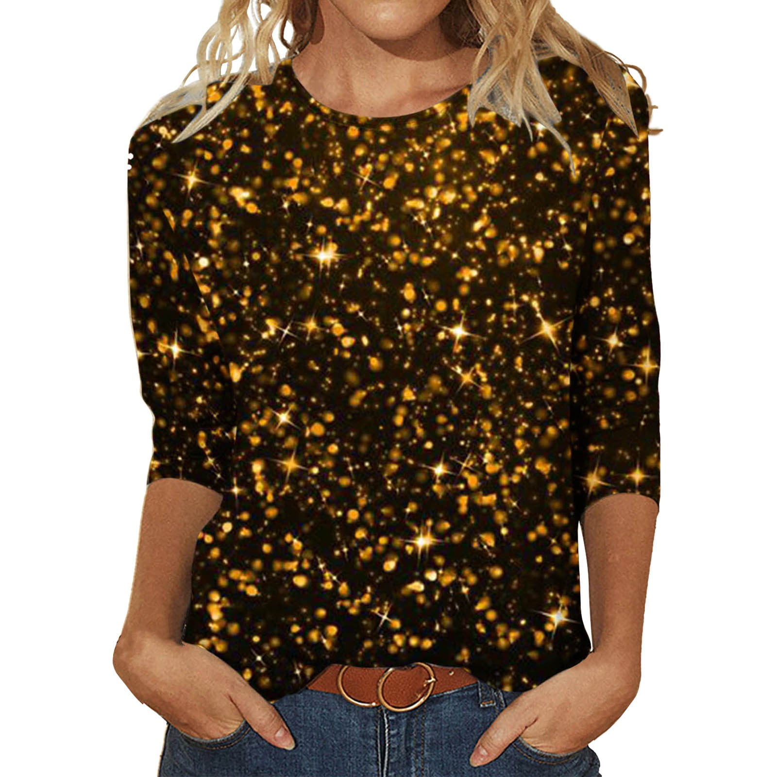 Dyfzdhu Sequin Tops for Women Plus Size Trendy V Neck Sparkly 3/4 ...