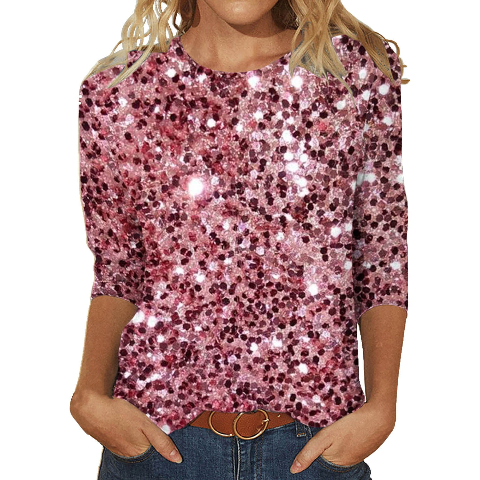 Dyfzdhu Sequin Tops for Women Plus Size Trendy V Neck Sparkly 3/4 ...