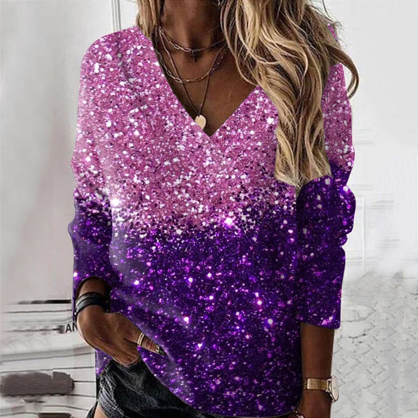 Dyfzdhu Sequin Tops for Women Trendy Sparkly V Neck Sweatshirt Long ...