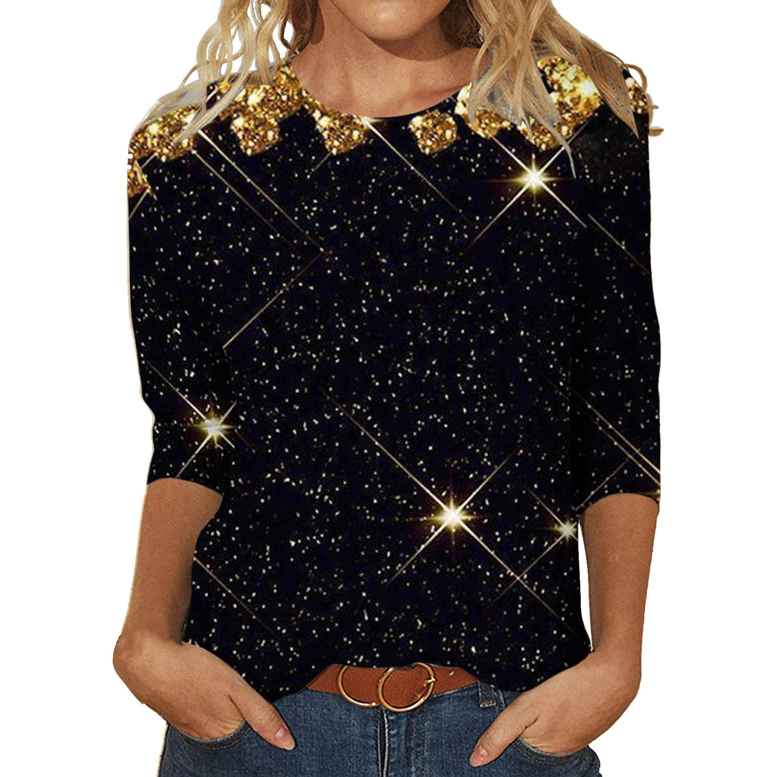 Dyfzdhu Sequin Tops for Women Trendy V Neck Sparkly 3/4 Sleeve Shirts ...