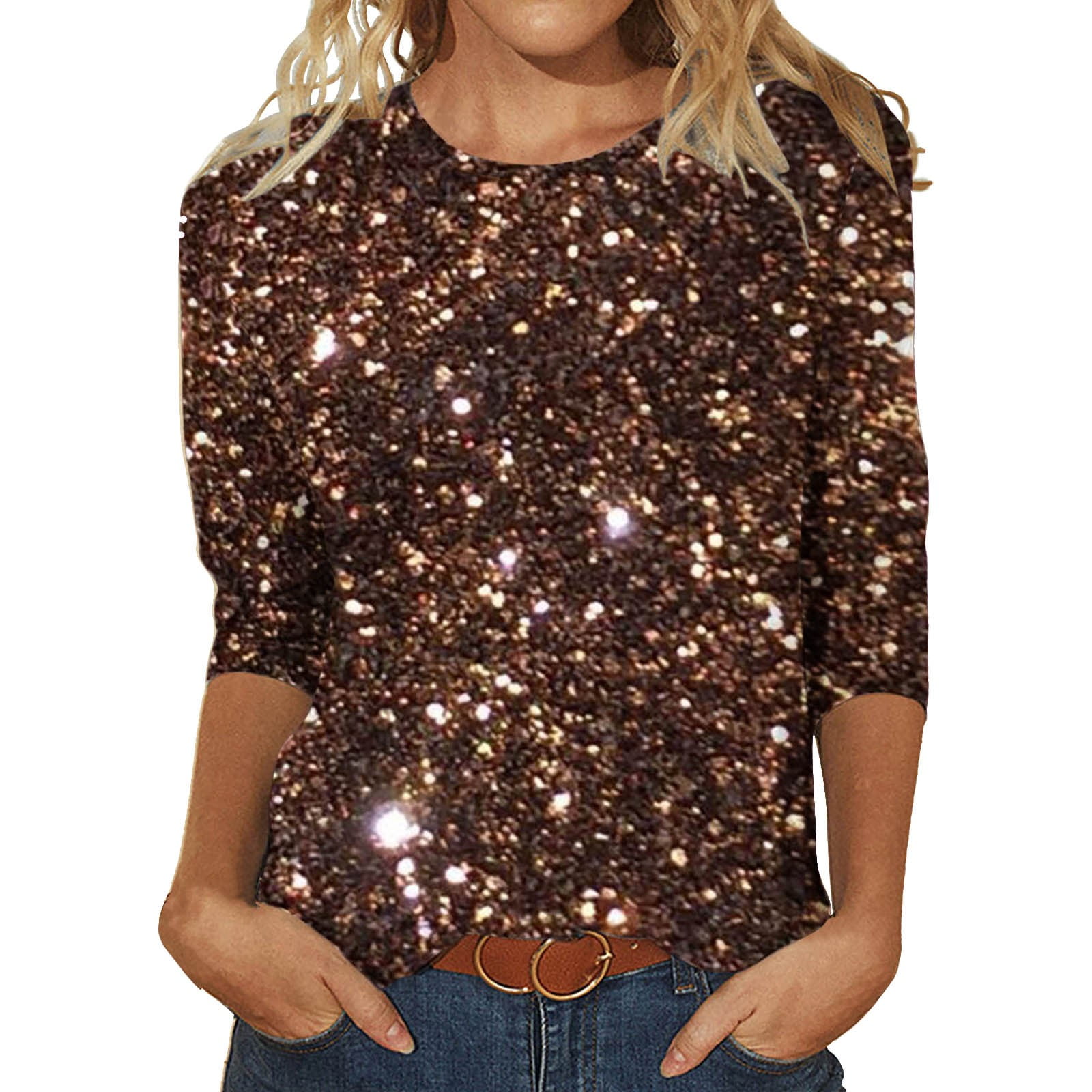 Dyfzdhu Sequin Tops for Women Trendy V Neck Sparkly 3/4 Sleeve Shirts Elegant Shimmer Glitter T ...