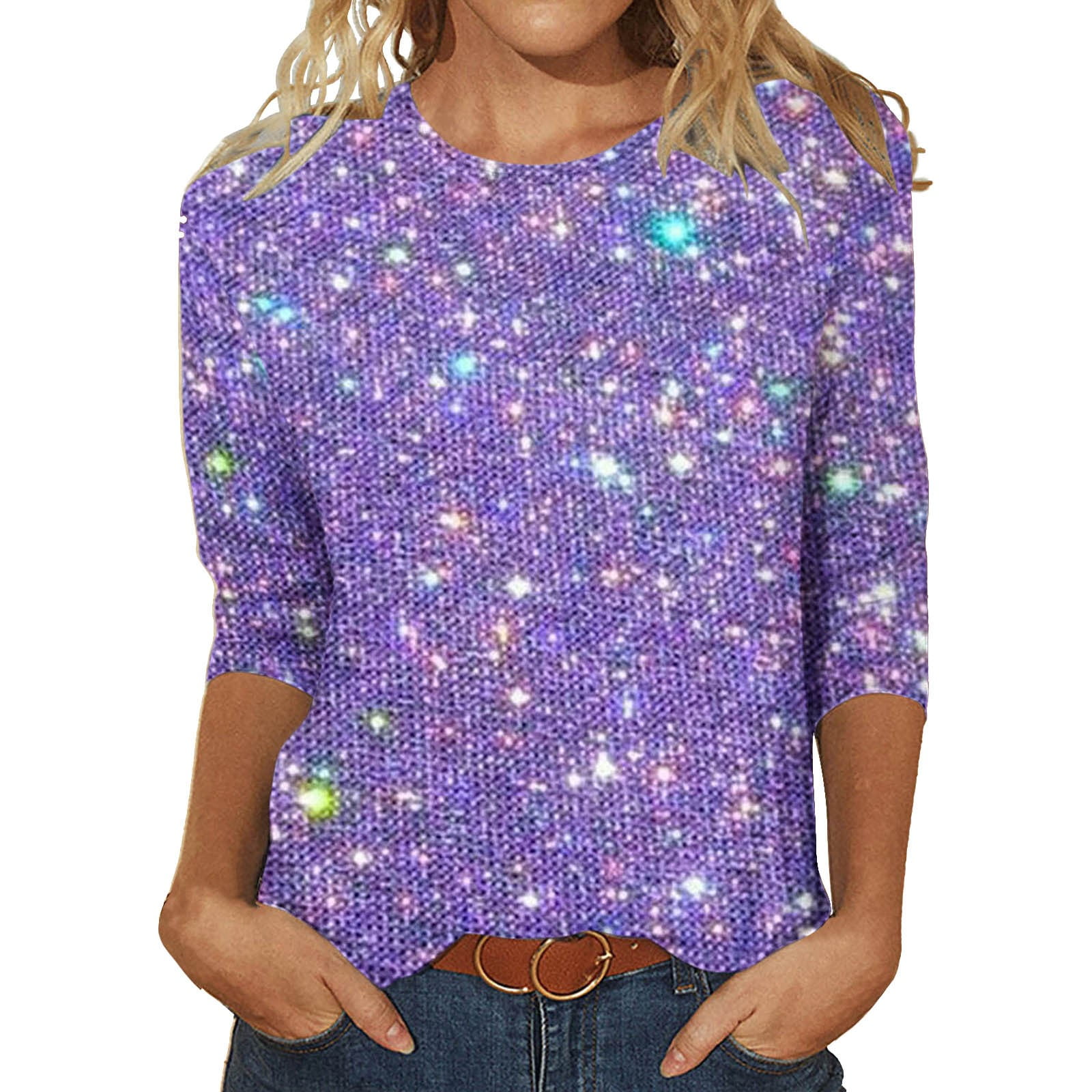 Dyfzdhu Sequin Tops For Women Trendy V Neck Sparkly 3 4 Sleeve Shirts