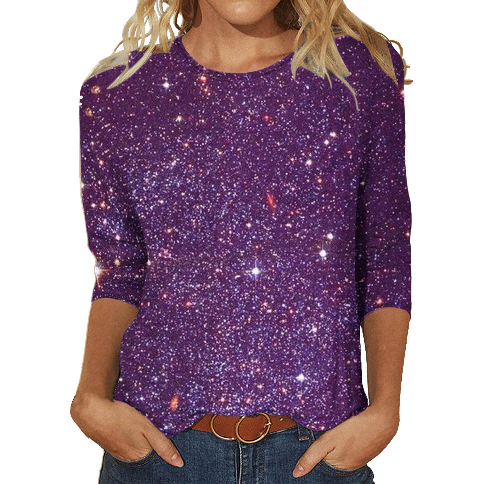 Dyfzdhu Sequin Tops for Women Trendy V Neck Sparkly 3/4 Sleeve Shirts ...