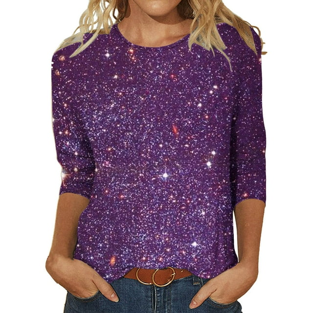 Dyfzdhu Sequin Tops for Women Trendy V Neck Sparkly 3/4 Sleeve Shirts ...