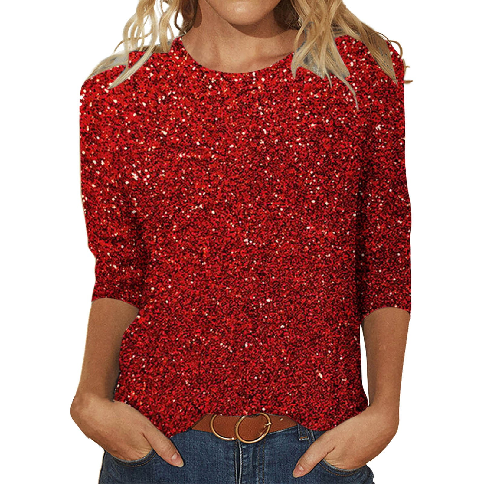 Dyfzdhu Sequin Tops for Women Trendy V Neck Sparkly 3/4 Sleeve Shirts ...