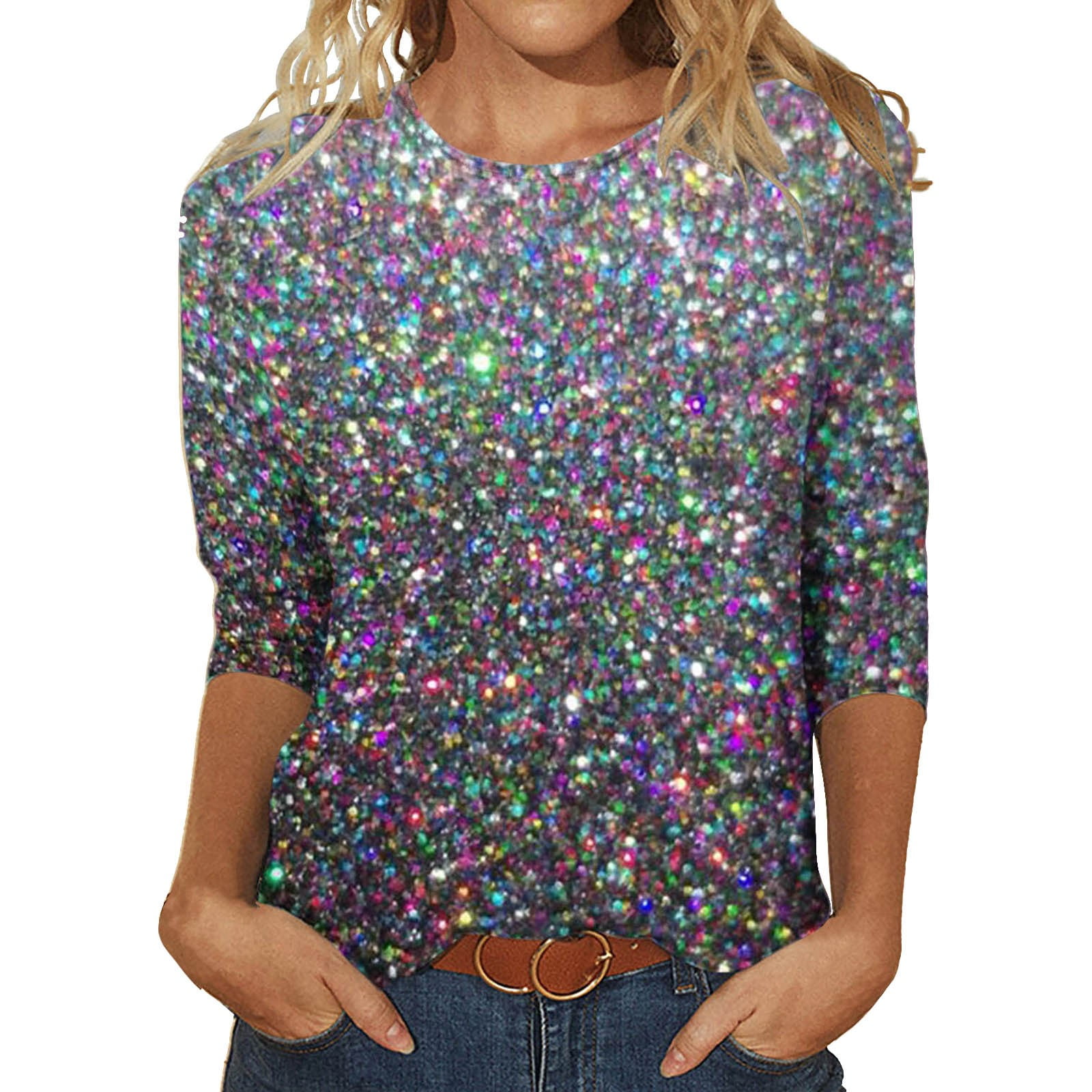 Dyfzdhu Sequin Tops for Women Trendy V Neck Sparkly 3/4 Sleeve Shirts ...