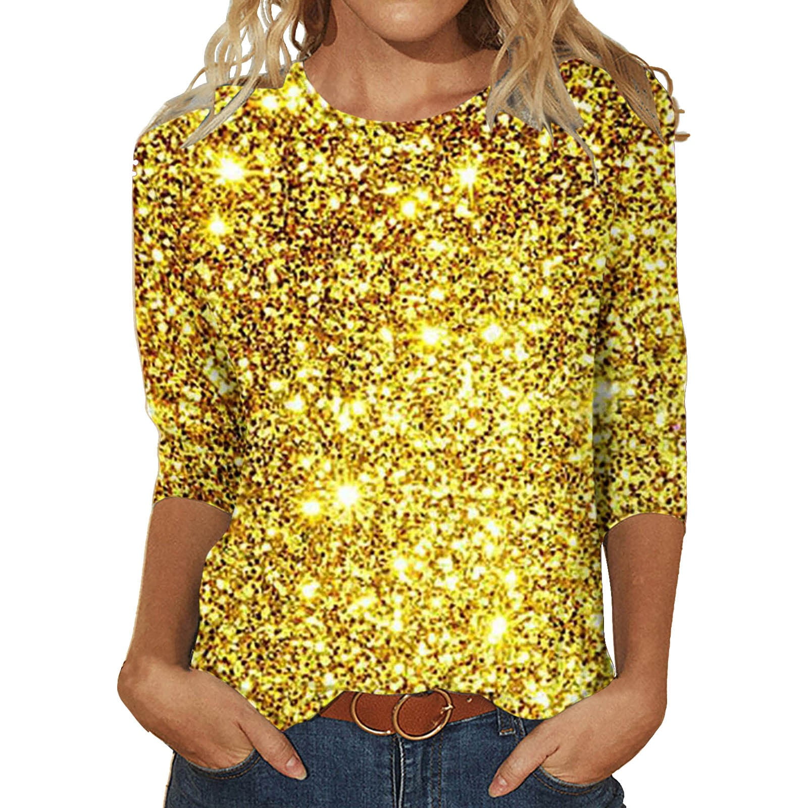 Dyfzdhu Sequin Tops for Women Trendy V Neck Sparkly 3/4 Sleeve Shirts ...