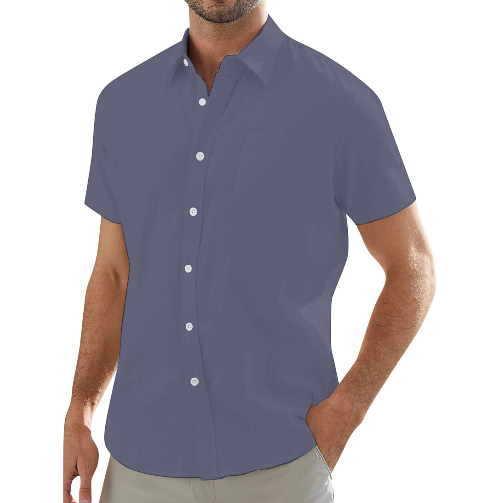 Dyfzdhu Shirts for Men Cotton Solid Pocket Buckle Lapel Short Sleeve ...