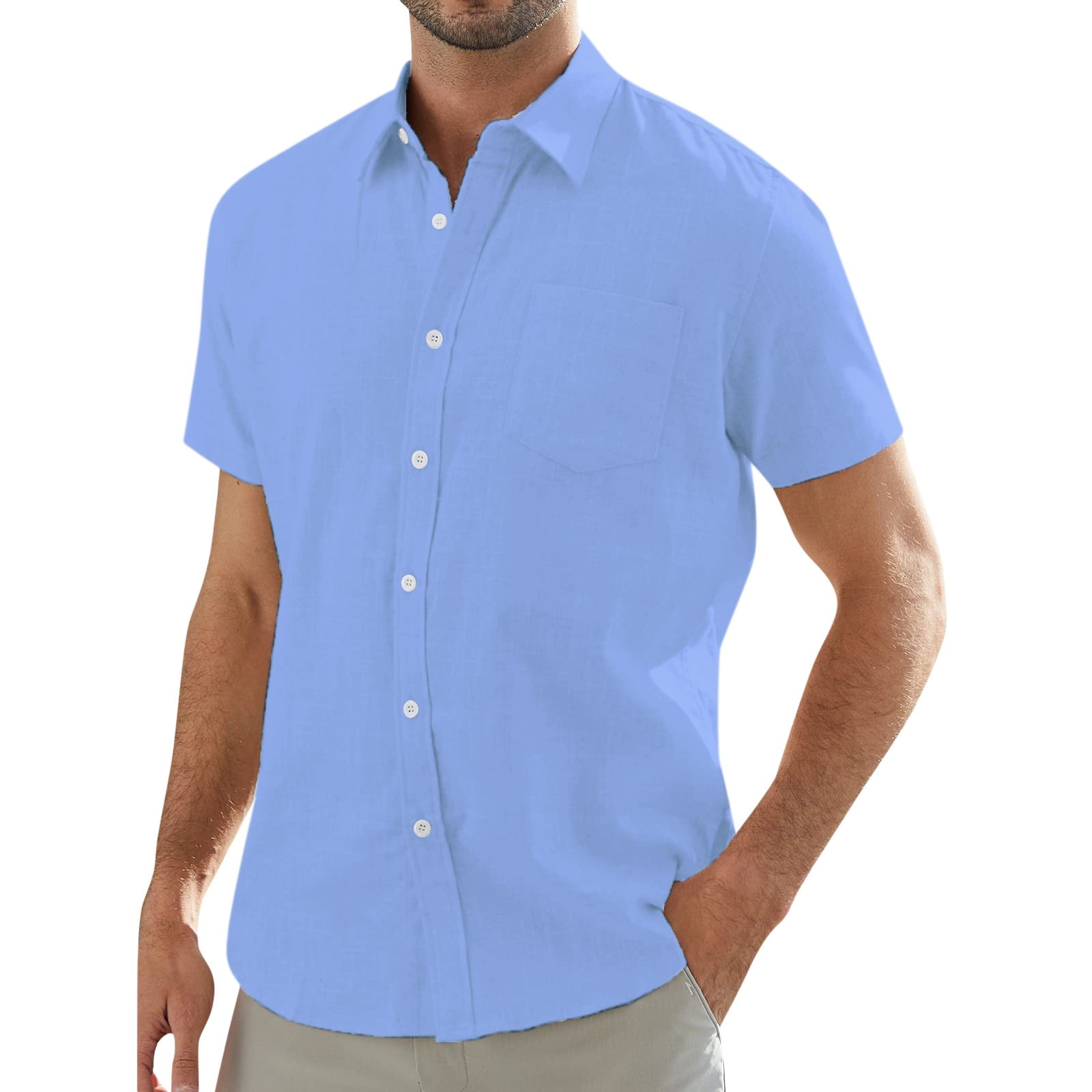 Dyfzdhu Shirts For Men Cotton Solid Pocket Buckle Lapel Short Sleeve