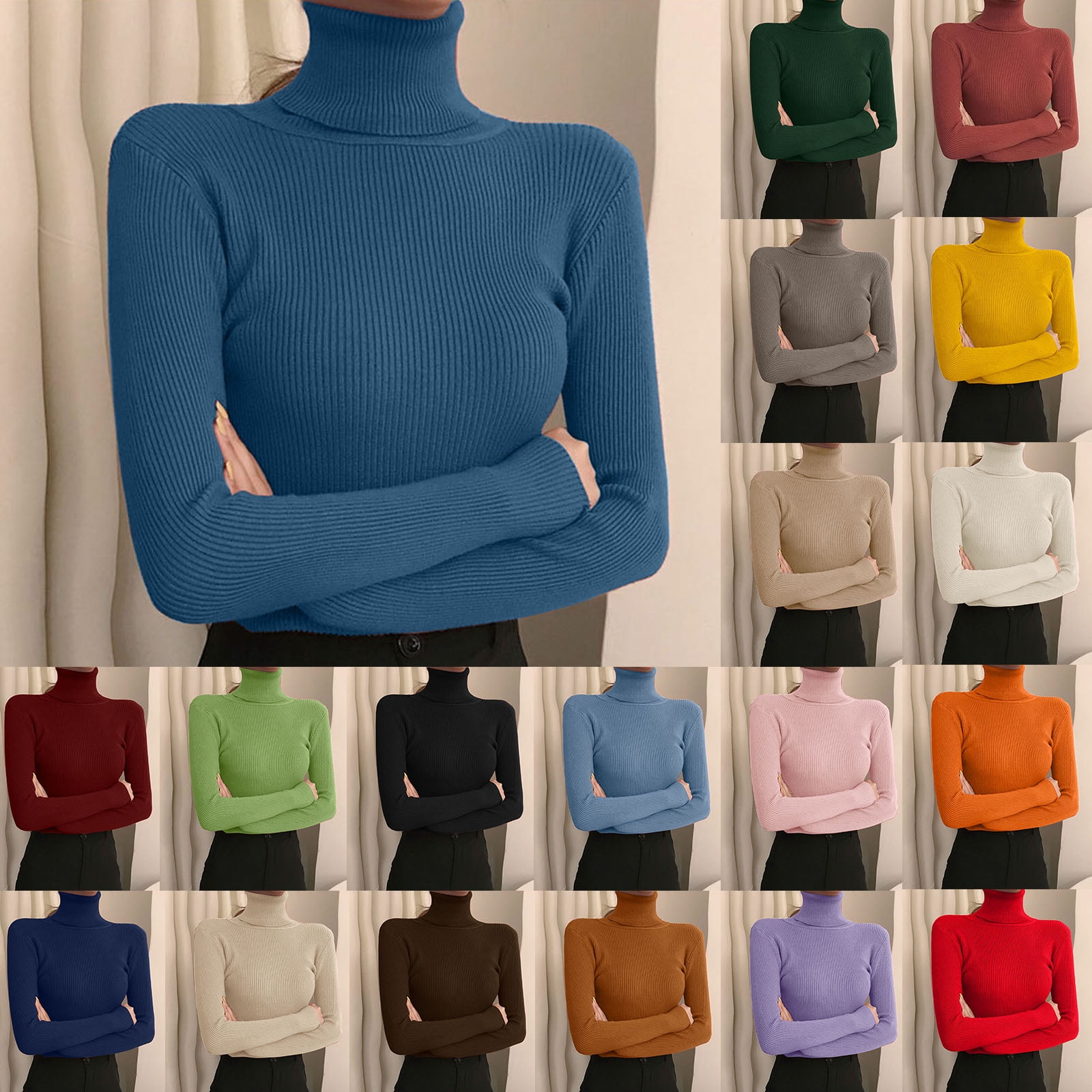 Dyfzdhu Sweaters for Women Turtleneck Long Sleeve Slim Fit Knit Sweater ...