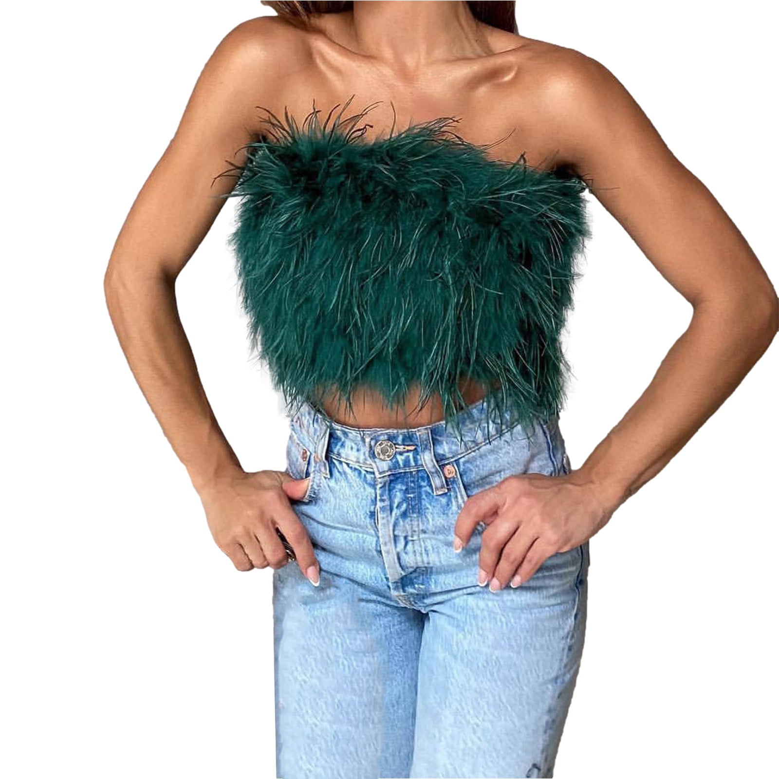 Dyfzdhu Tube Tops for Women Feather Crop Streetwear Sleeveless Furry ...