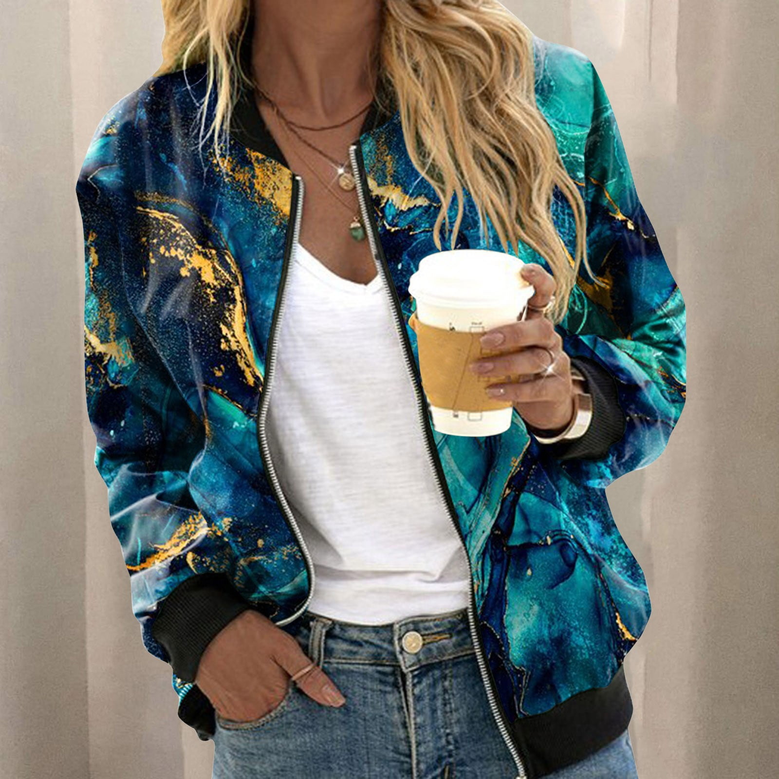 Dyfzdhu Women Bomber Jacket Lightweight Zip Up Casual Print Short ...