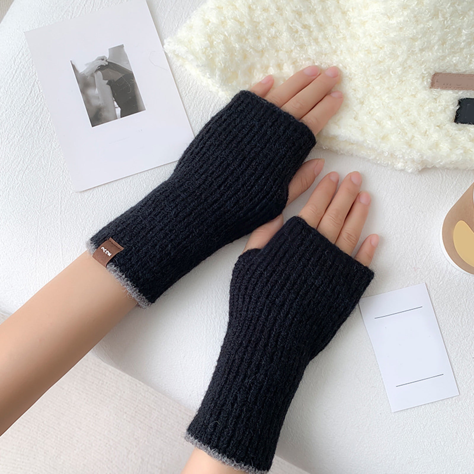 Dyfzdhu Women Fall Winter Cute Solid Two Color Half Knitted Wool Gloves ...