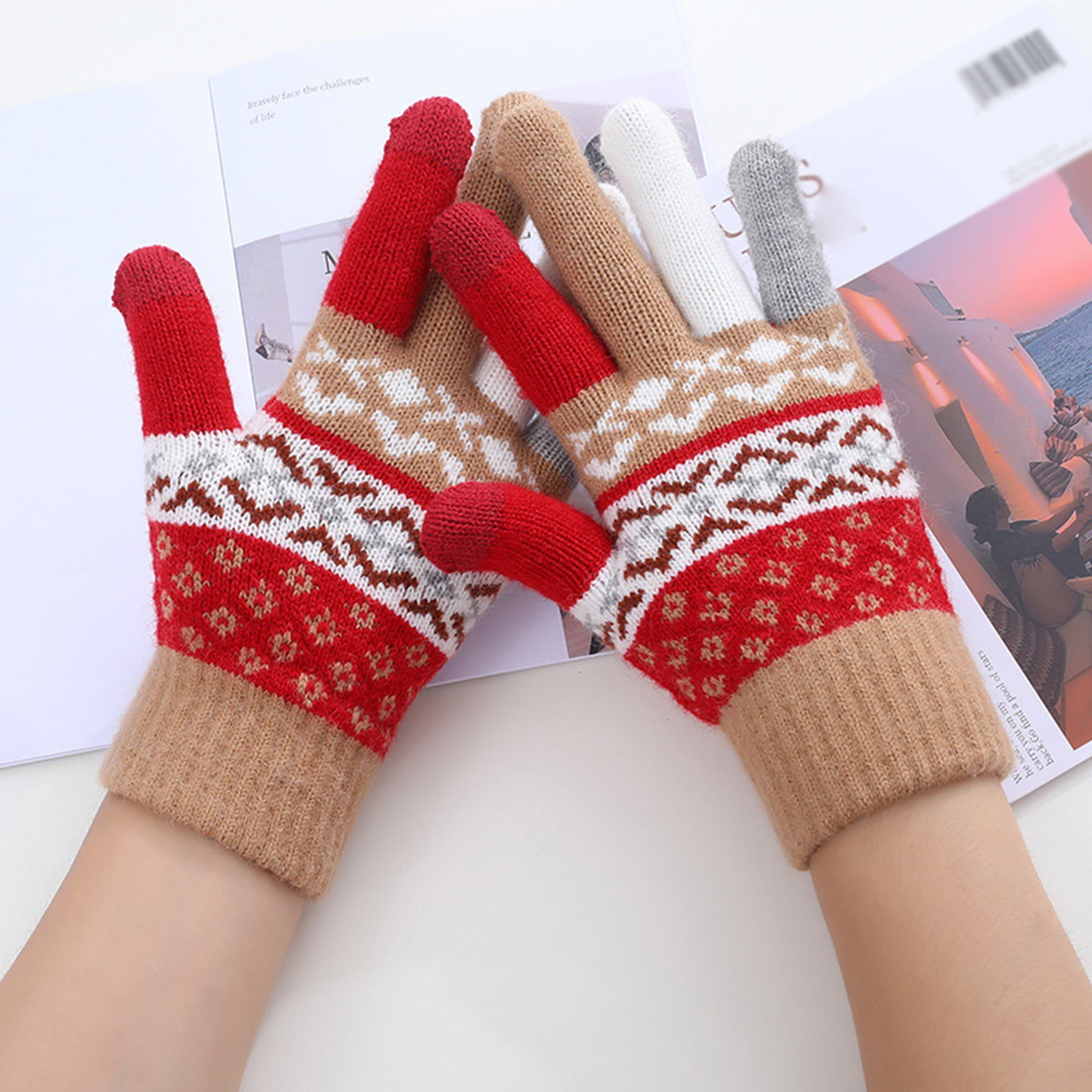 Dyfzdhu Women Men Knitted Gloves Winter Warm Print Outdoor Riding ...