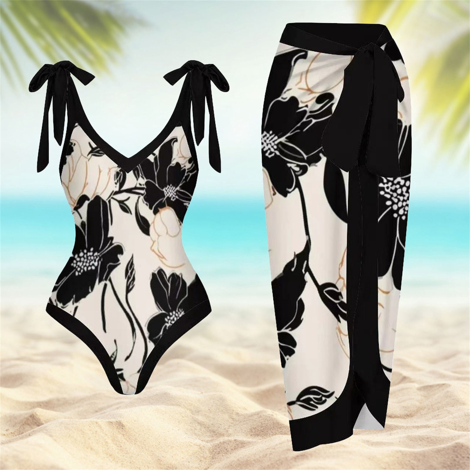 Dyfzdhu Women One Piece Swimsuit With Cover Up Trendy Floral Print Slim ...