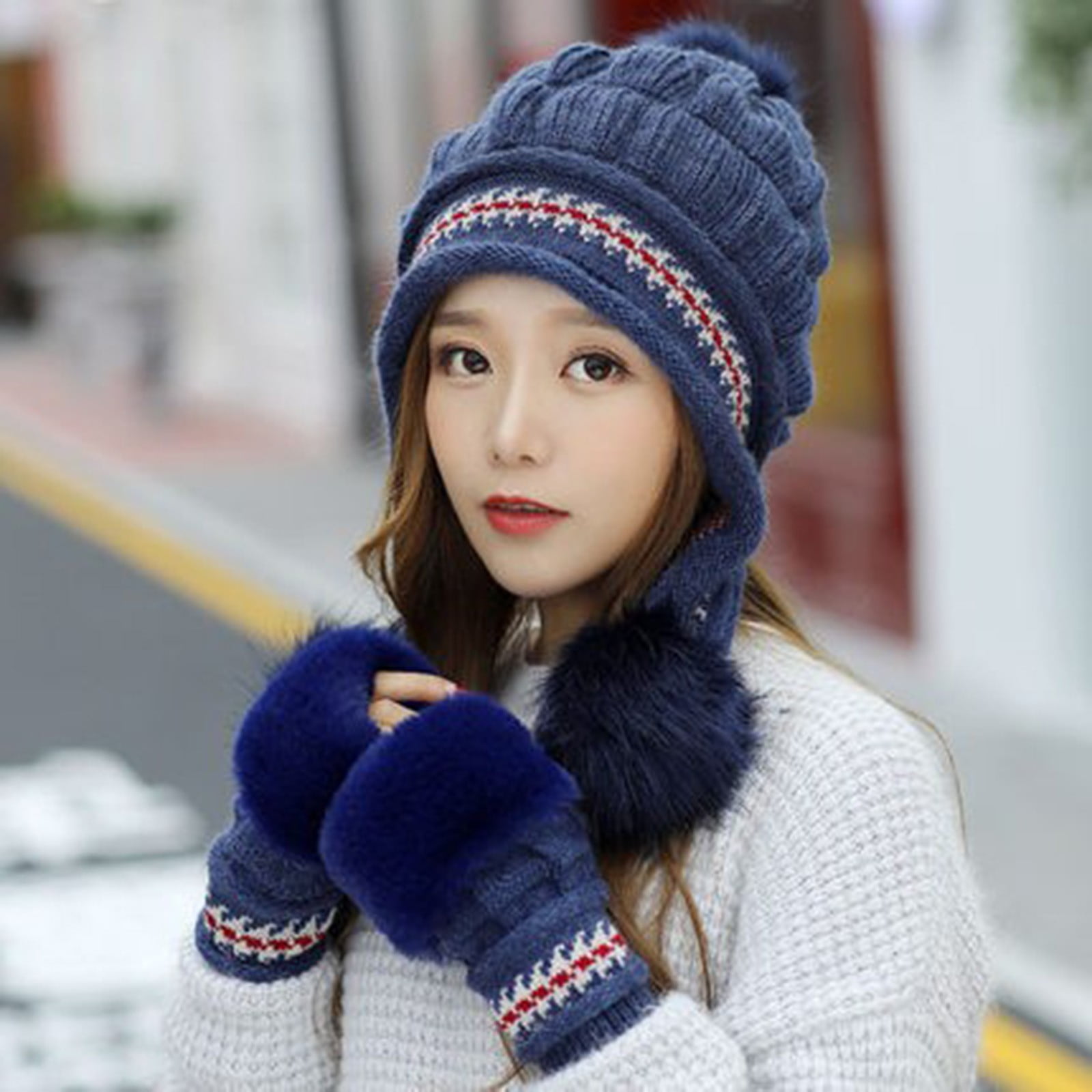 Dyfzdhu Women Plush Knitted Hat Warm Woolen Thick Ball Ear Protection ...
