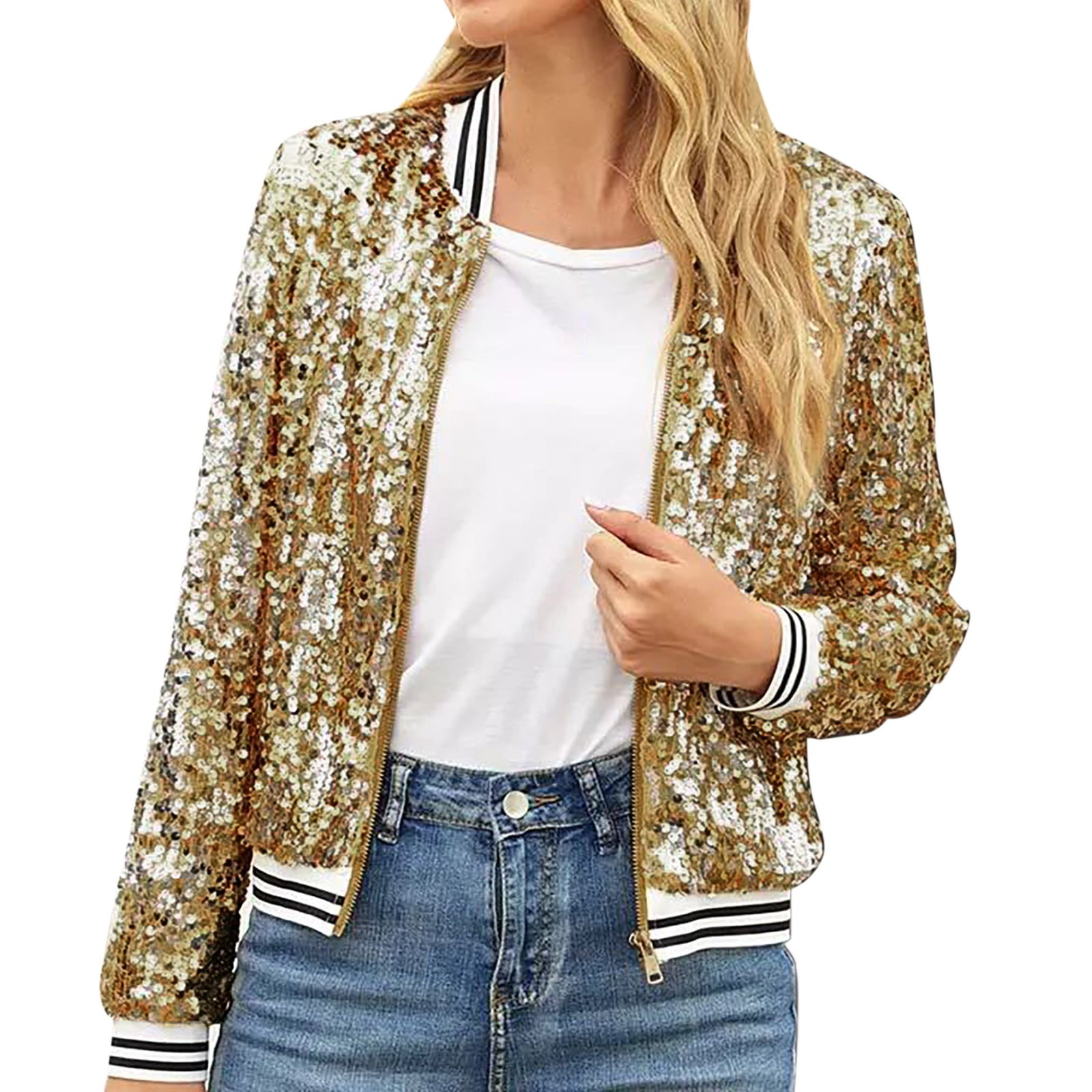Dyfzdhu Women Sequin Jacket Trendy Long Sleeve Shiny Sequins Casual Plus Size Bomber Jackets ...