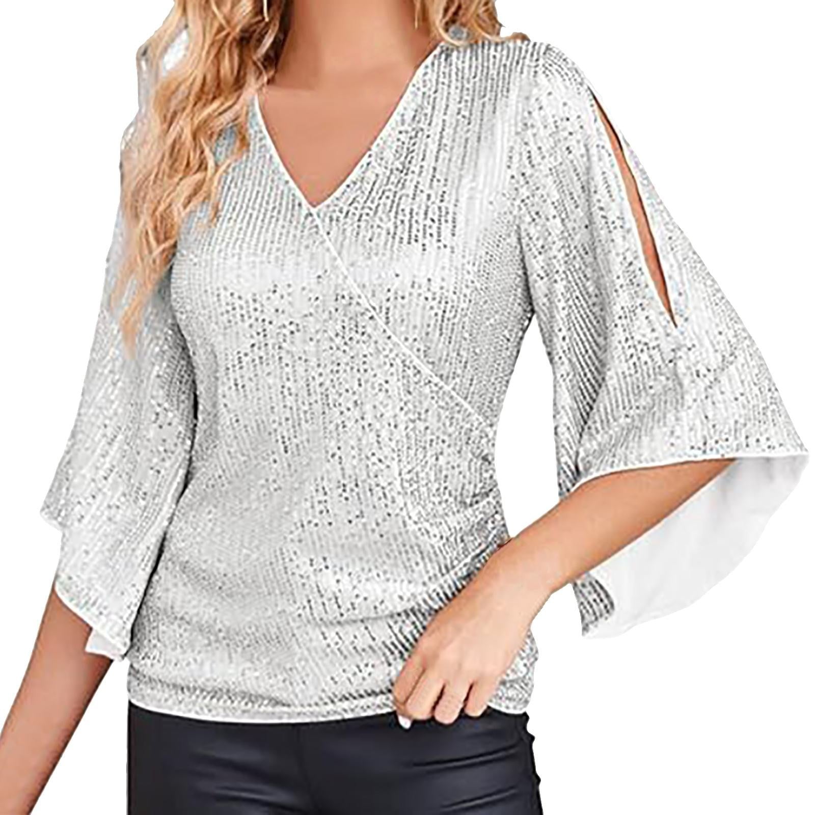 Dyfzdhu Women Sequin Tops 3/4 Sleeve Glitter Sparkly Party Blouse V ...