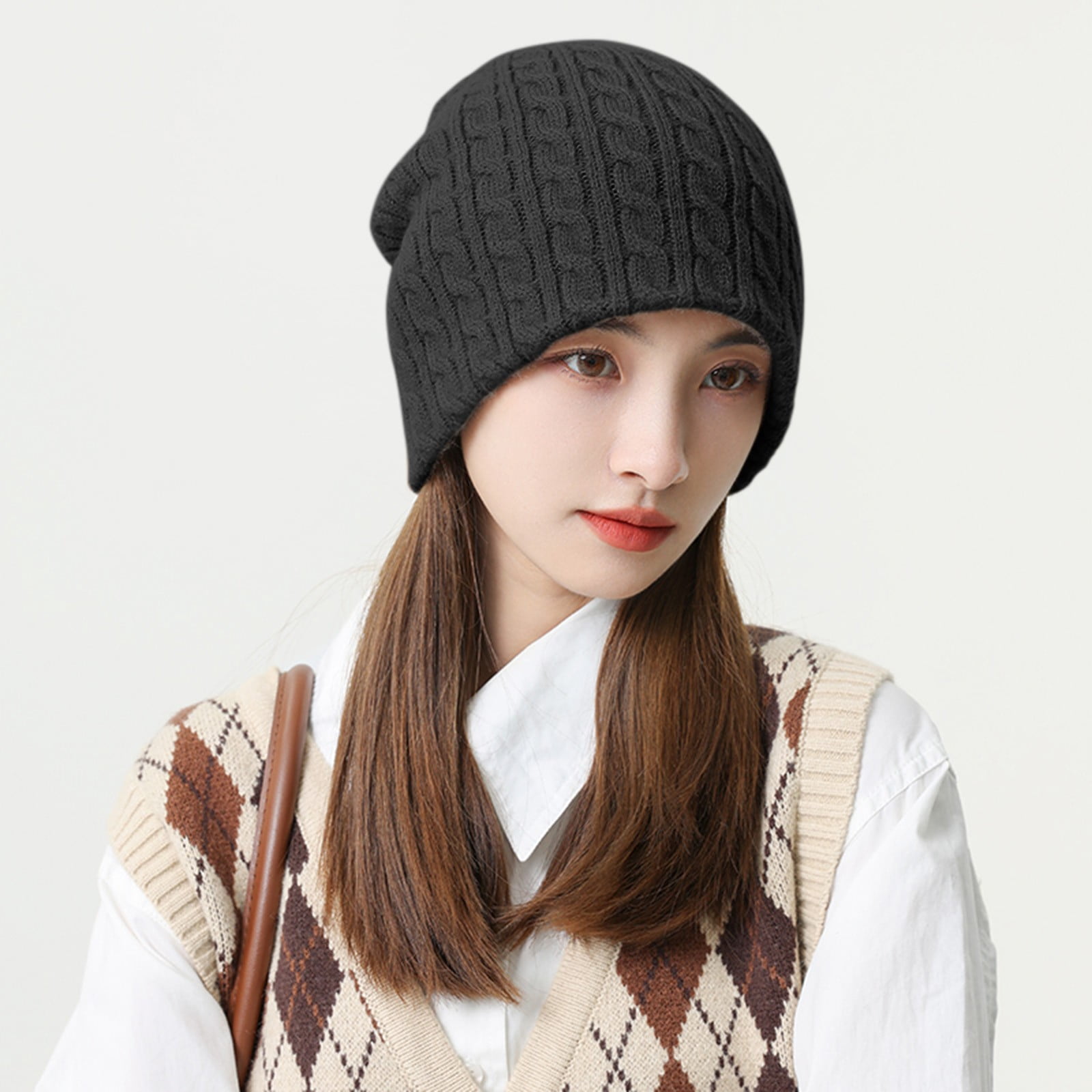 Dyfzdhu Women Warm Solid Twist Knit Crochet Pile Hat Pullover Cap Black ...