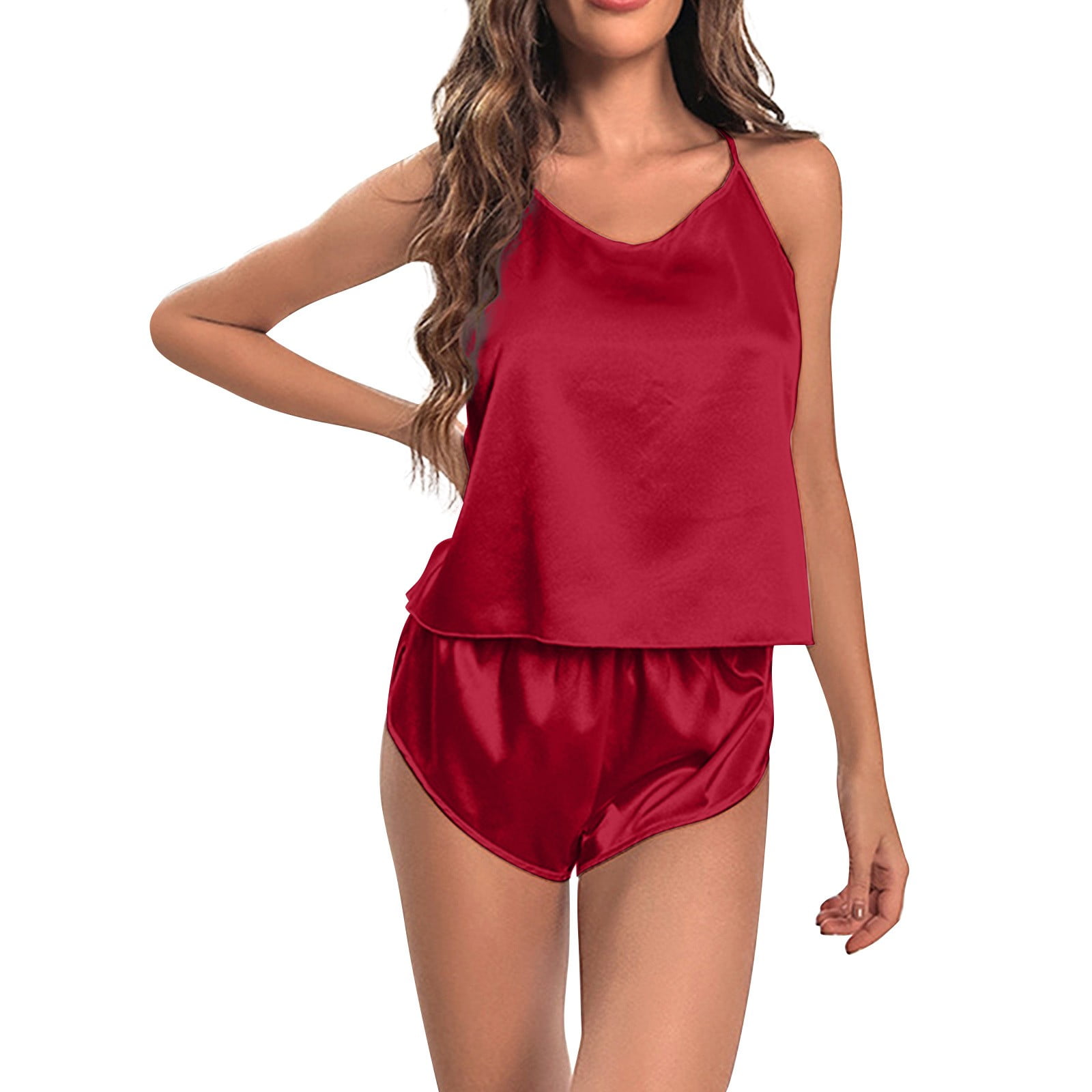 Dyfzdhu Womens Pajama Sets Sexy Silk Satin Ruffled Pajamas Shorts Sleepwear Set Nightwear