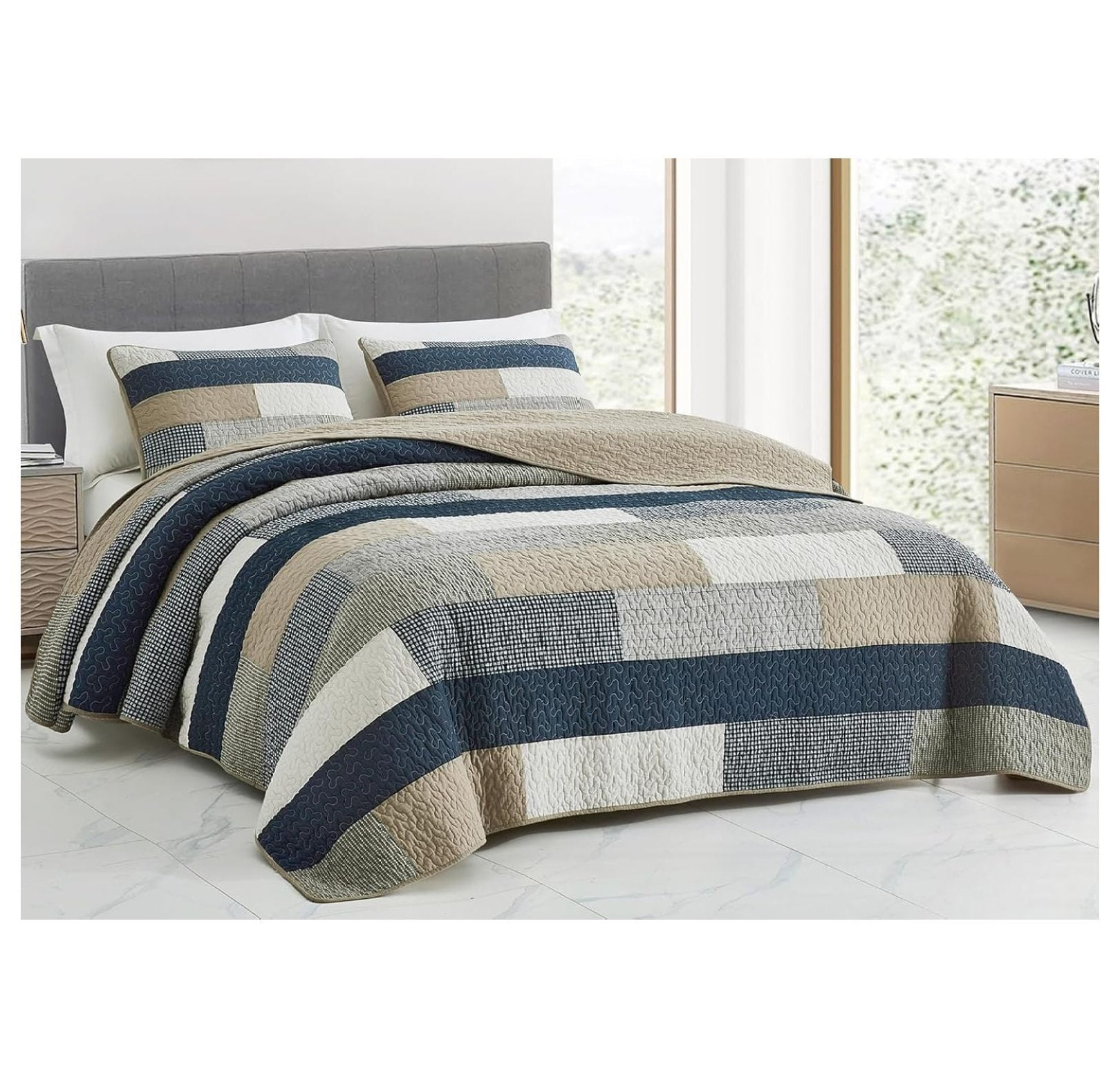 Dylan 3-Piece Navy Blue White Gray Taupe Plaid Rectangular Patchwork ...