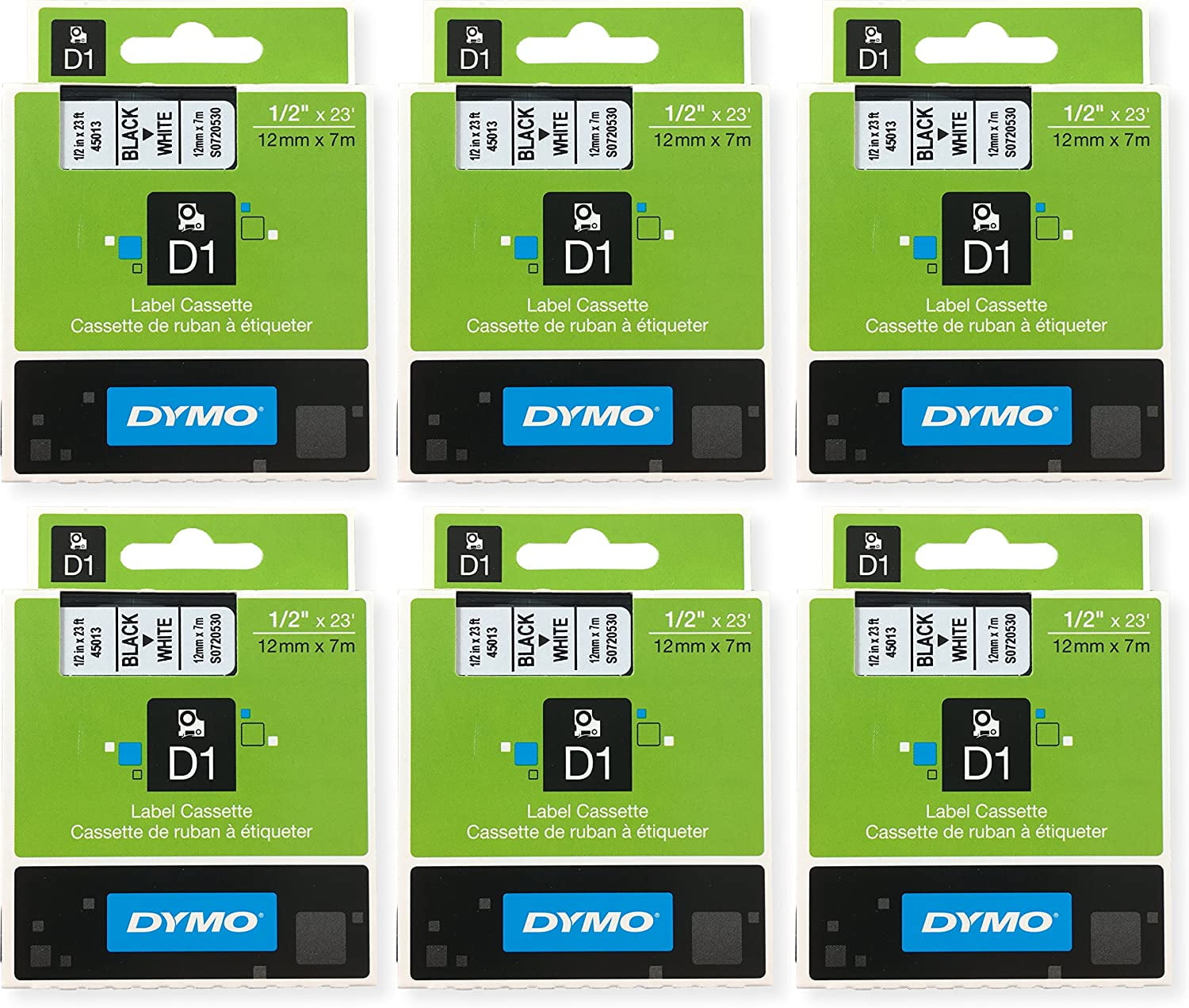 Dymo D1 Standard Tape Cartridge, 1/2in x 23ft, Black on White Tape Cartridge, Pack of 6 ...