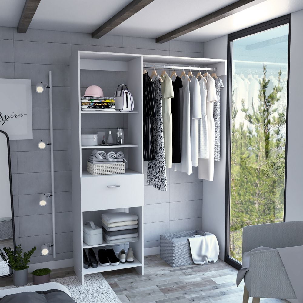 Dynamic Closet System, Five Open Shelves, One Drawer, One Metal Rod ...