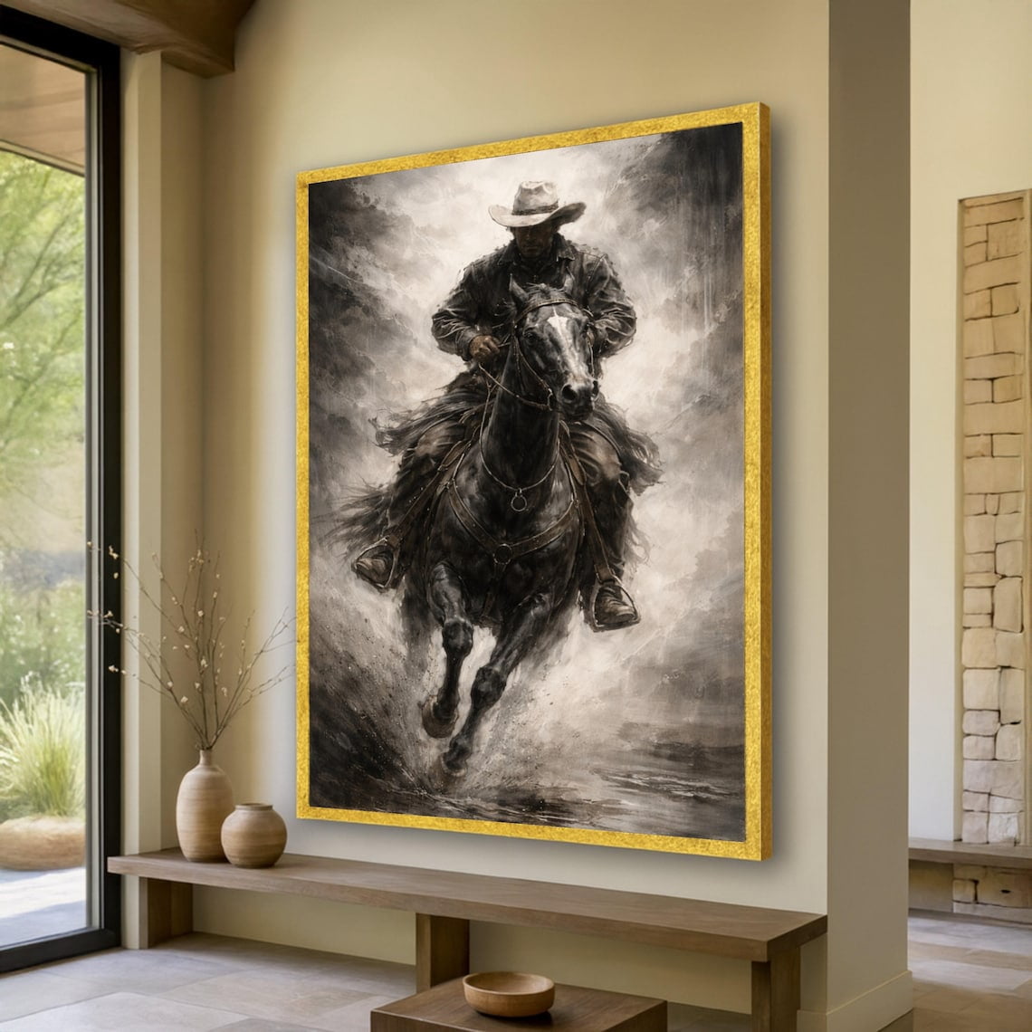 Dynamic Cowboy Rider Wall Art, Western Horseback Painting, Rustic ...