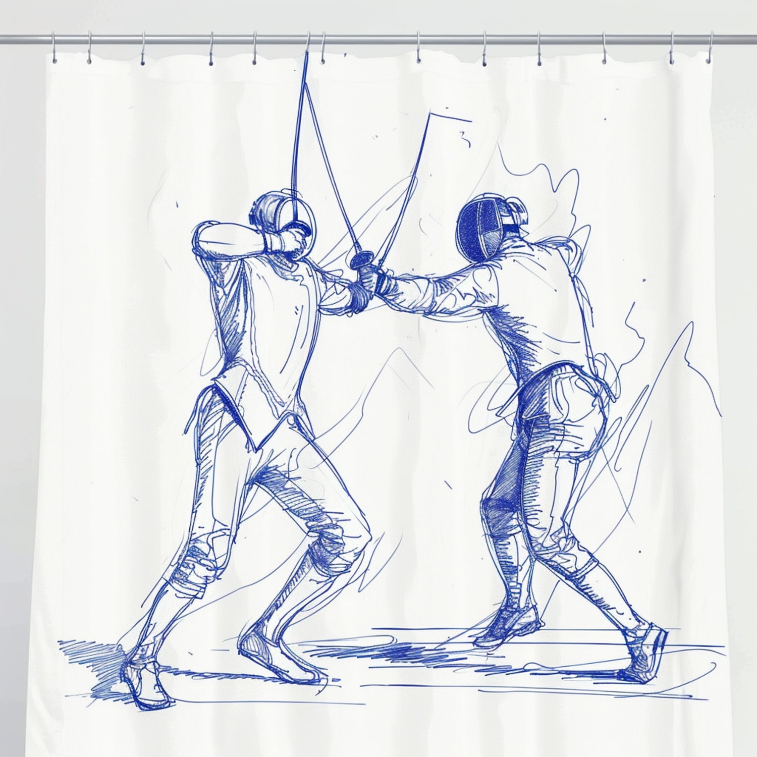 Dynamic Fencing Duel Artwork in Blue Pen Outline on White Background ...