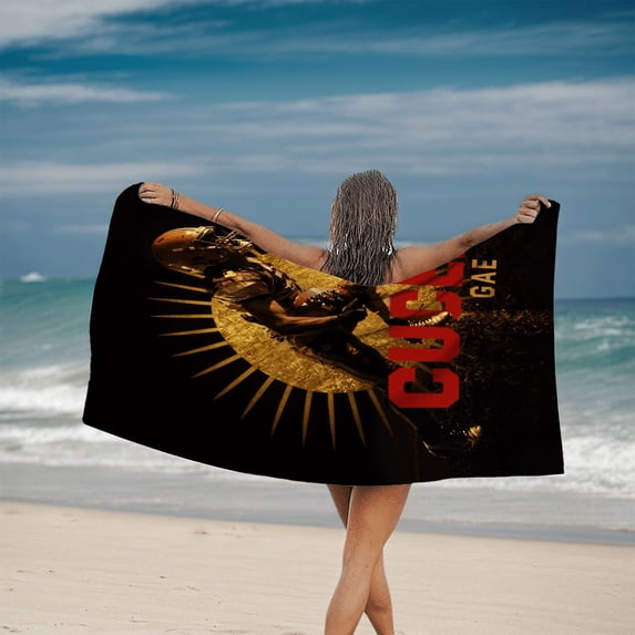 Dynamic Football Player Design Beach Towel - Bold Red ' CUEN GAE ' Text ...