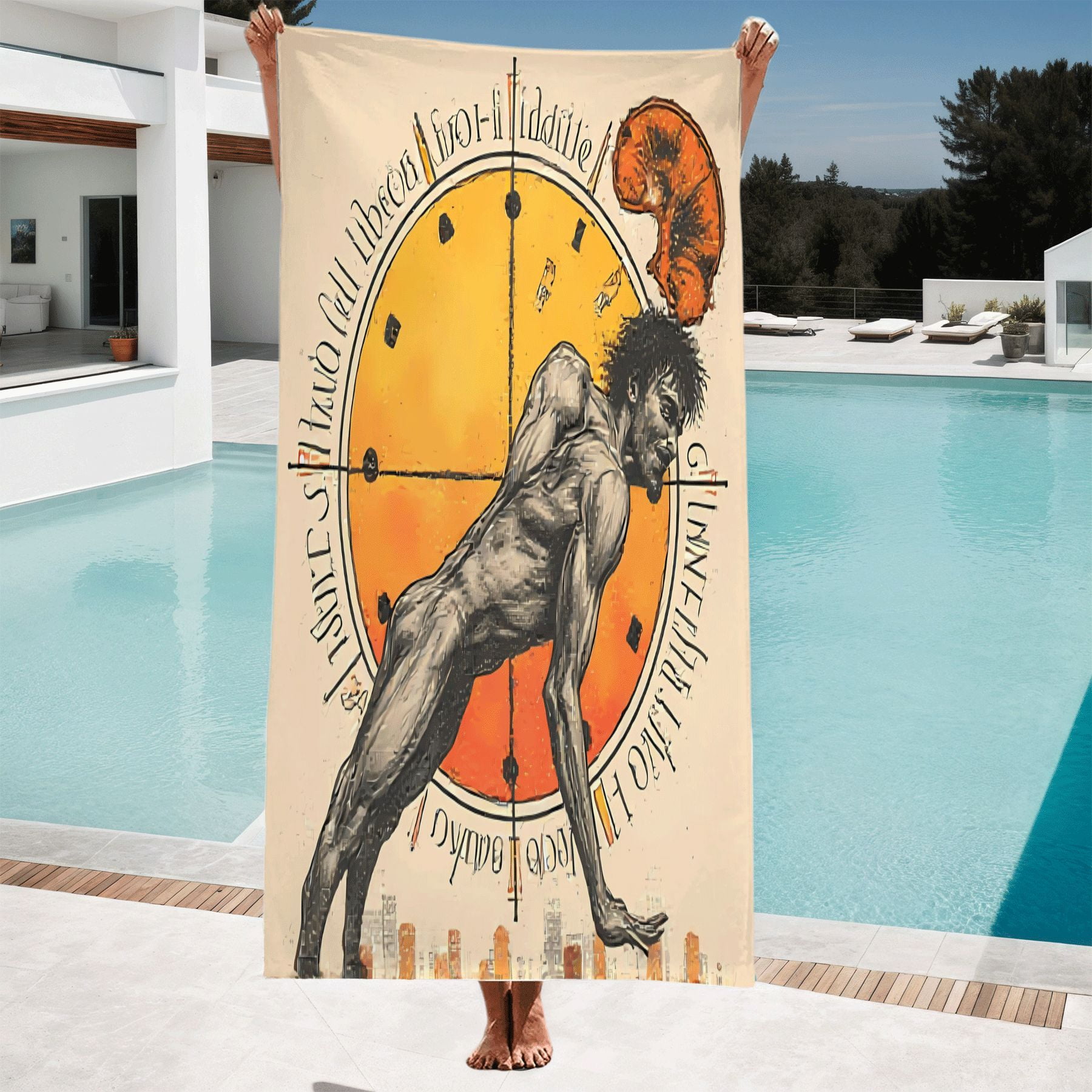 Dynamic Muscular Figure Beach Towel - Vibrant Orange & Yellow Design ...
