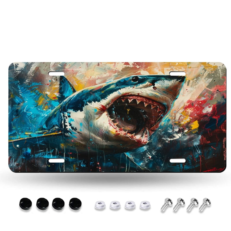 Dynamic Painting of Angry Shark License Plate Frame, Decorative Novelty ...