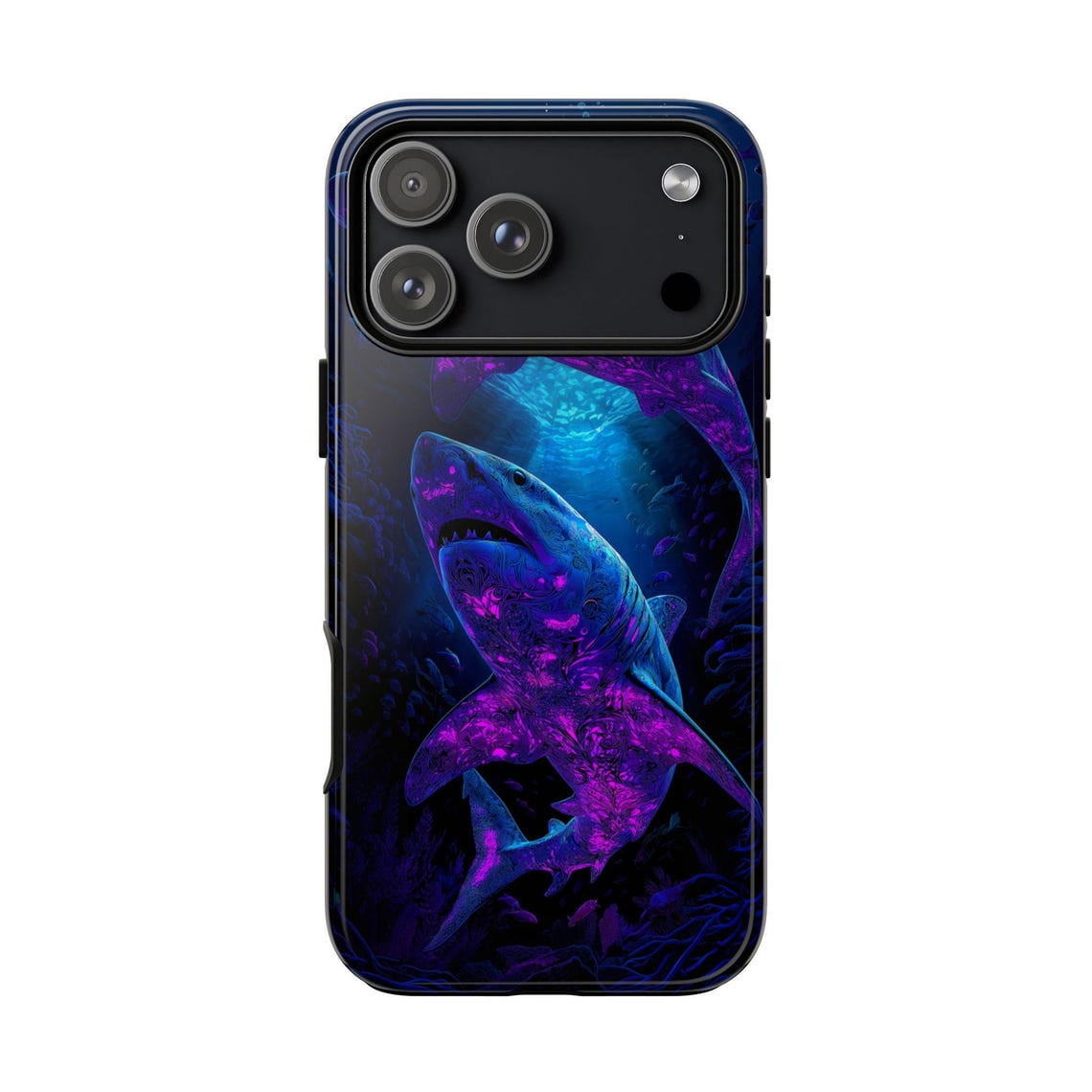 Dynamic Purple Shark Neon Pattern Artwork for iPhone 17 16 15 14 13 12 ...
