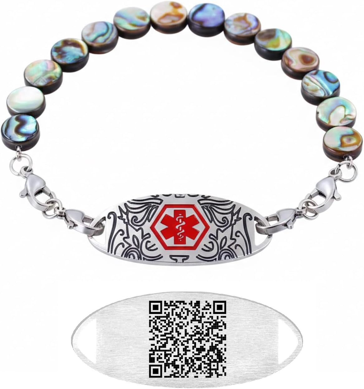 Dynamic QR Code Medical Alert Bracelet for Women | Round Abalone Shell ...