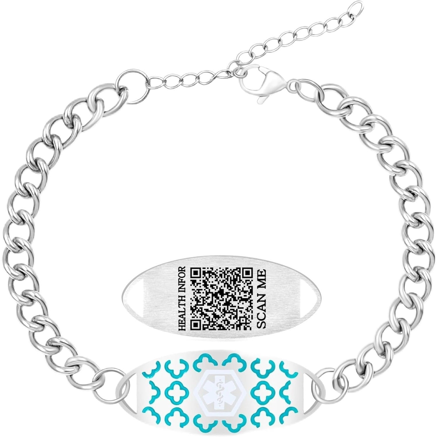 Dynamic QR Code Medical Alert Bracelet for Women, Teal Stainless Steel ...