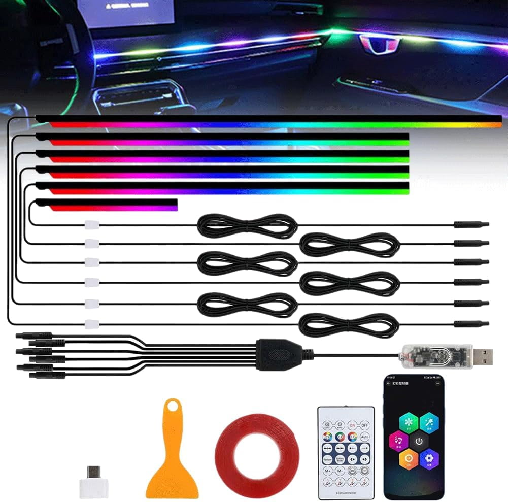 Dynamic RGB Interior Light Kit,Interior Car 6 LED Light Strips Kit,LED ...