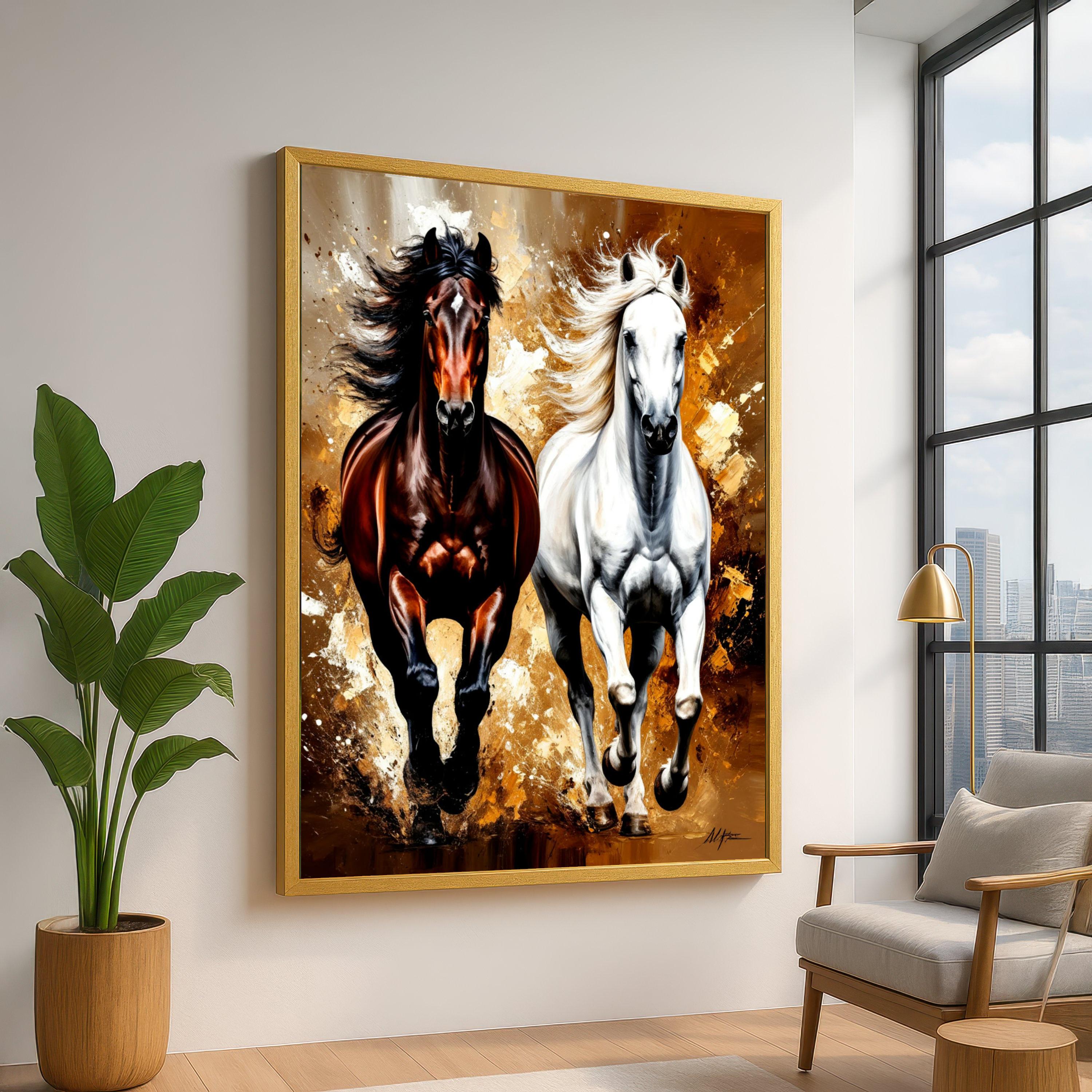 Dynamic Running Horses Wall Art, Energetic Brown And White Horse ...