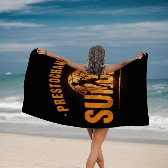 Dynamic Sunset Silhouette Beach Towel - Vibrant Running Figure Design ...