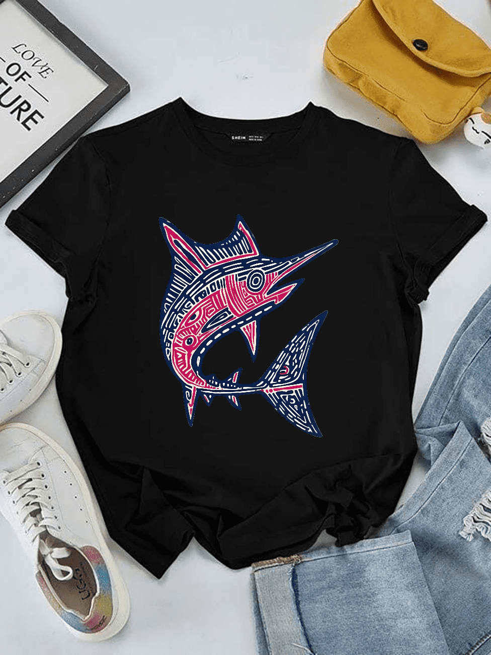 Dynamic Swordfish Block Print Ocean Adventure Sea Animal Unisex T-Shirt ...