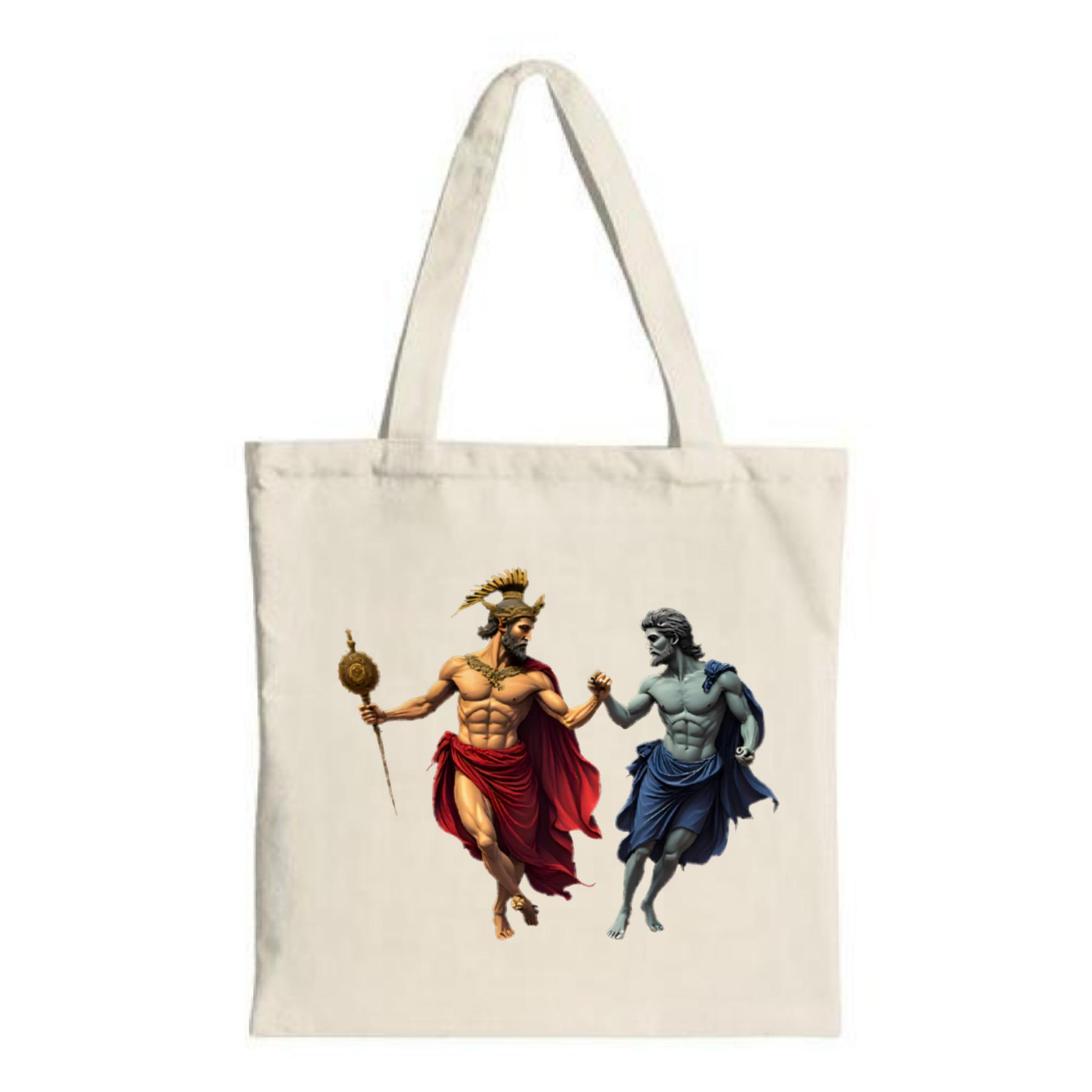 Dynamic Tote Bag featuring muscular red and blue figures in action ...