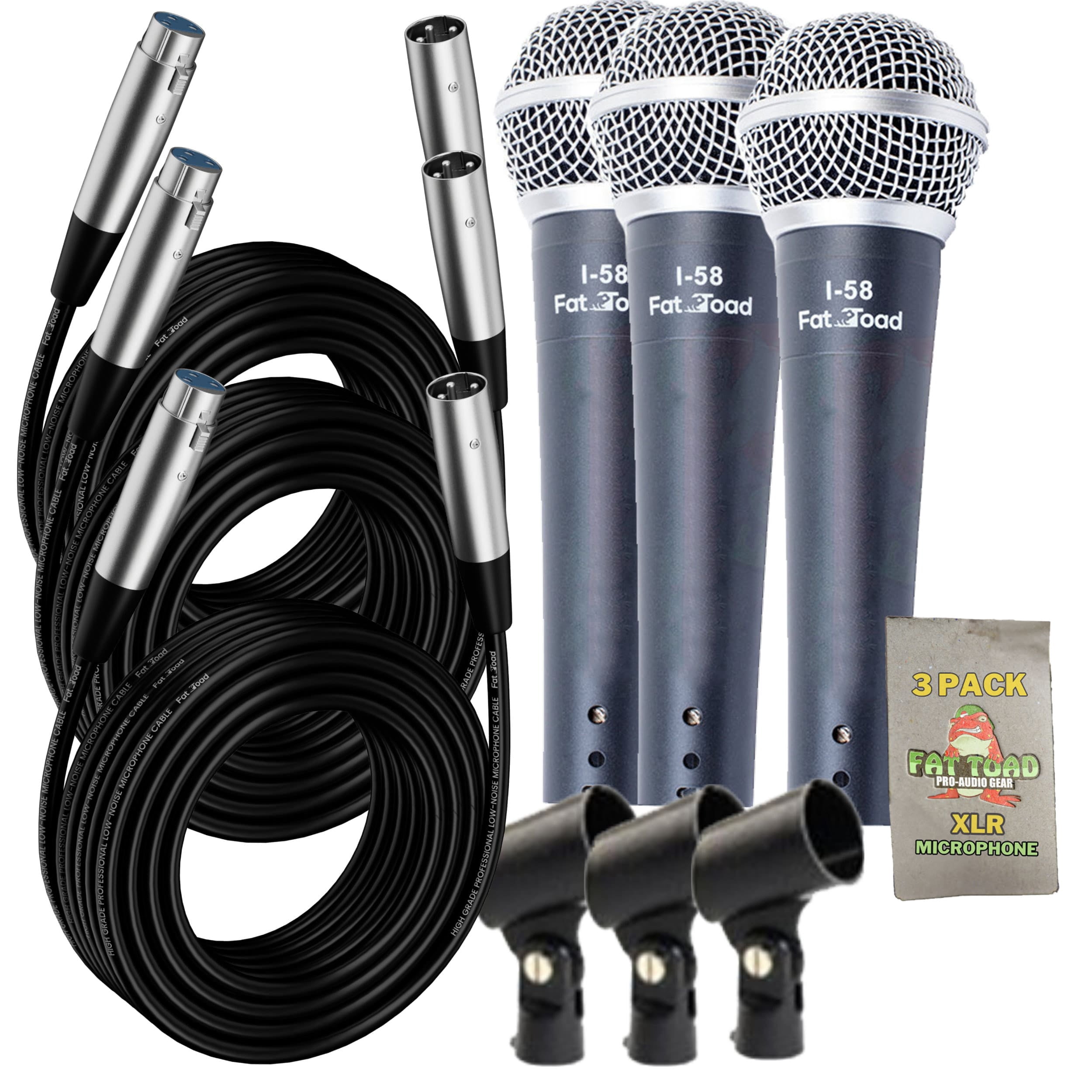 Dynamic Vocal Microphones with XLR Mic Cables & Clips (3 Pack) by Fat ...