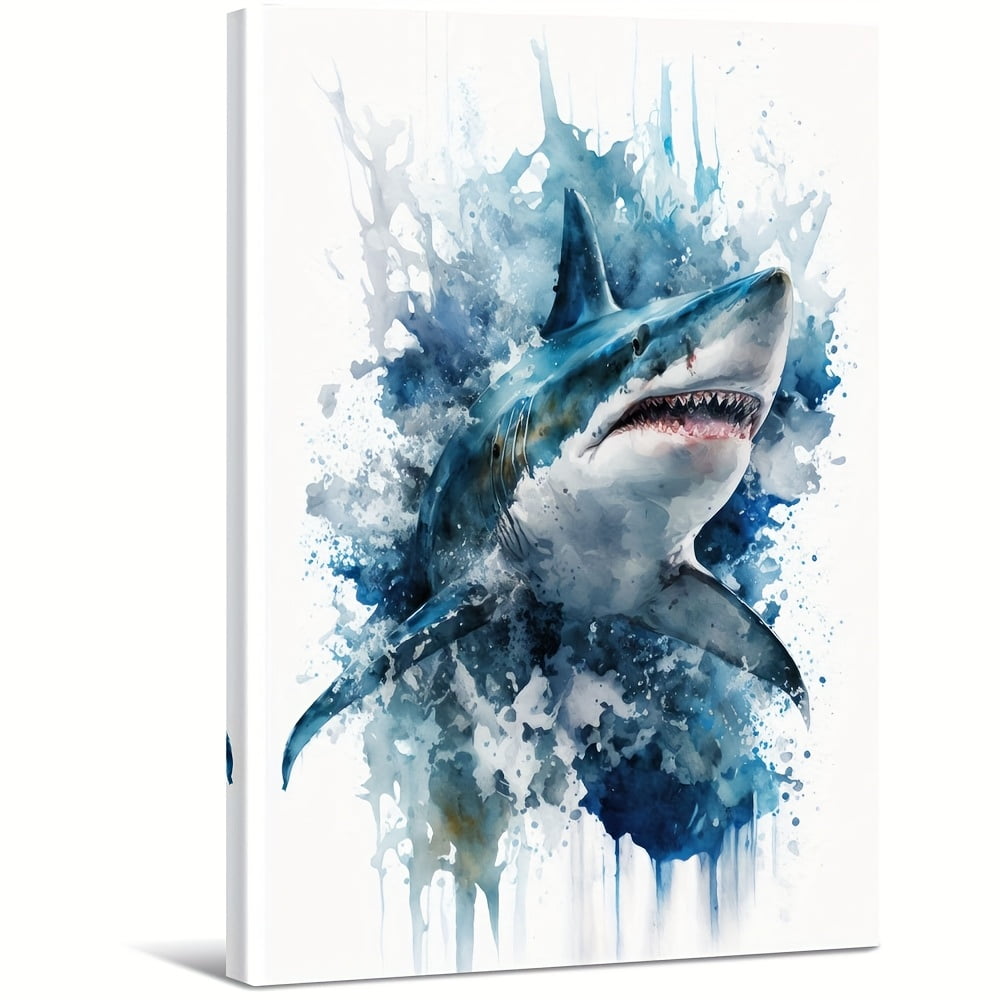 Dynamic Watercolor Shark With Splash Effect. Large Wooden Framed Wall ...