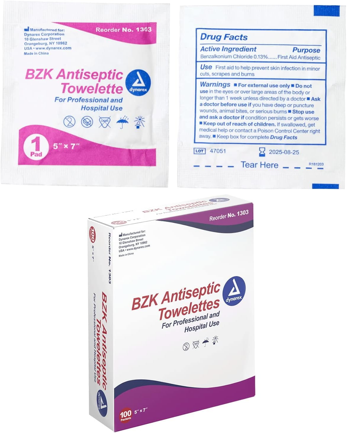 Dynarex Individually Wrapped Antiseptic Wipe Benzalkonium BZK First Aid ...