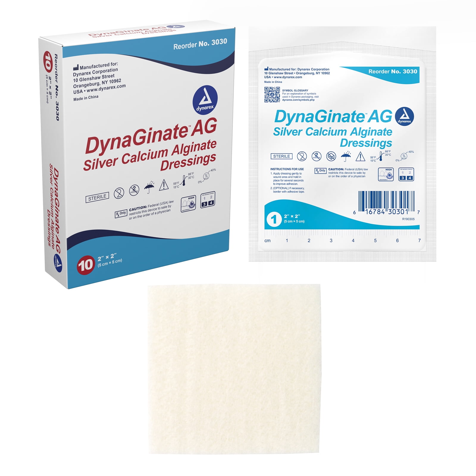 Dynarex DynaGinate AG Silver Calcium Alginate Dressings - 2"x2 ...