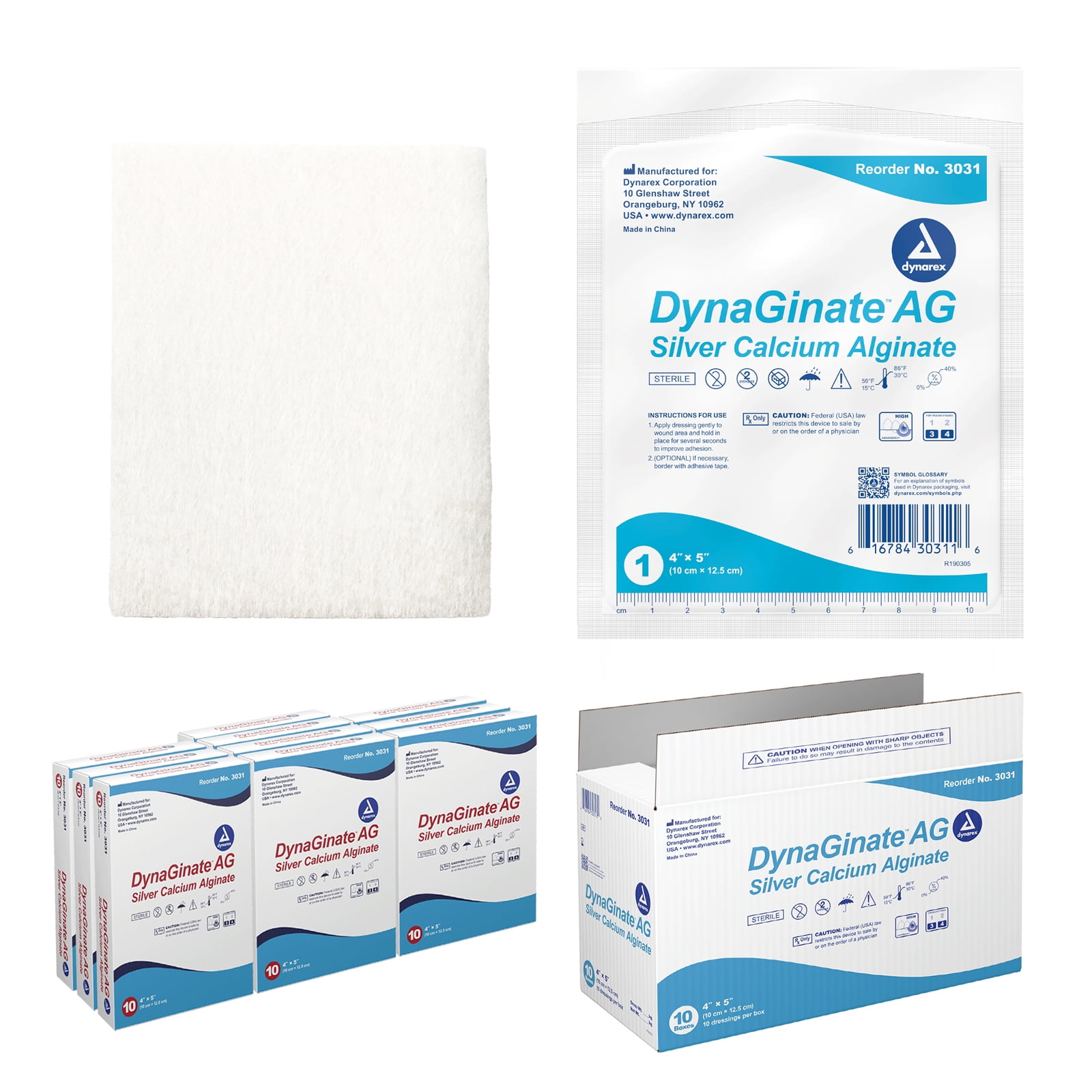 Dynarex DynaGinate AG Silver Calcium Alginate Dressings - 4" x 5 ...