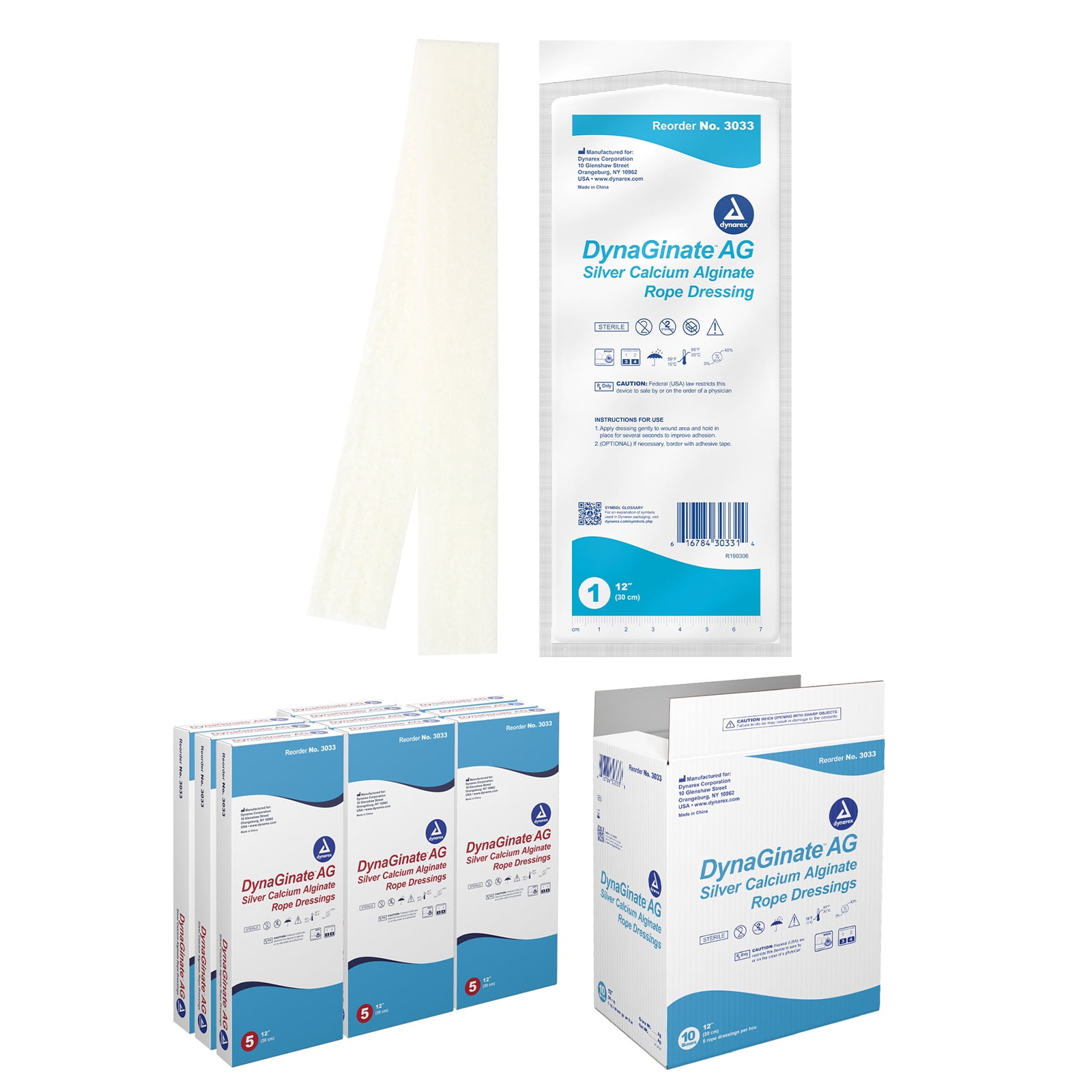 Dynarex DynaGinate AG Silver Calcium Alginate Rope Dressings - ¼" x 12 ...