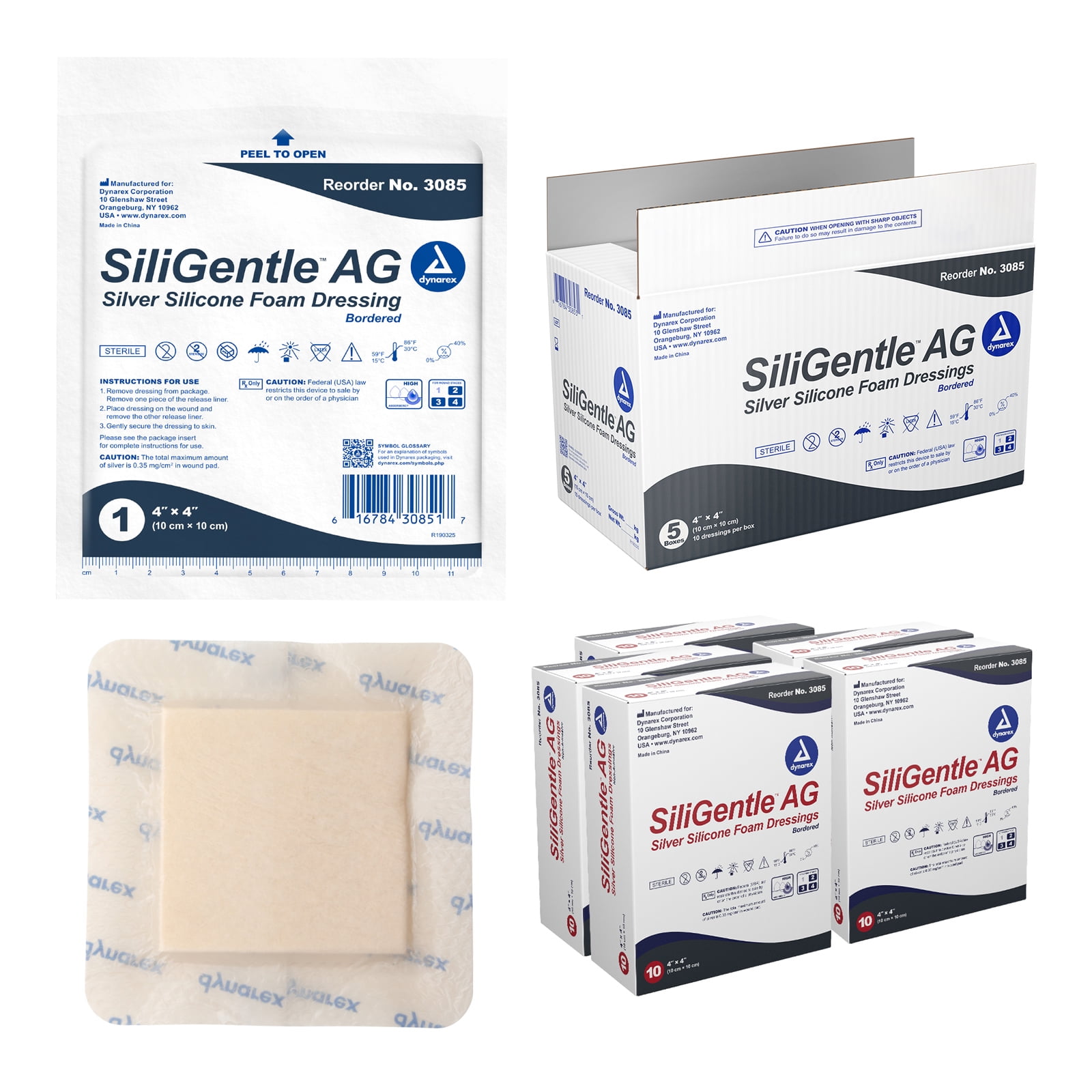 Dynarex SiliGentle AG Silver Silicone Foam Dressings, Wound Care, Soft ...