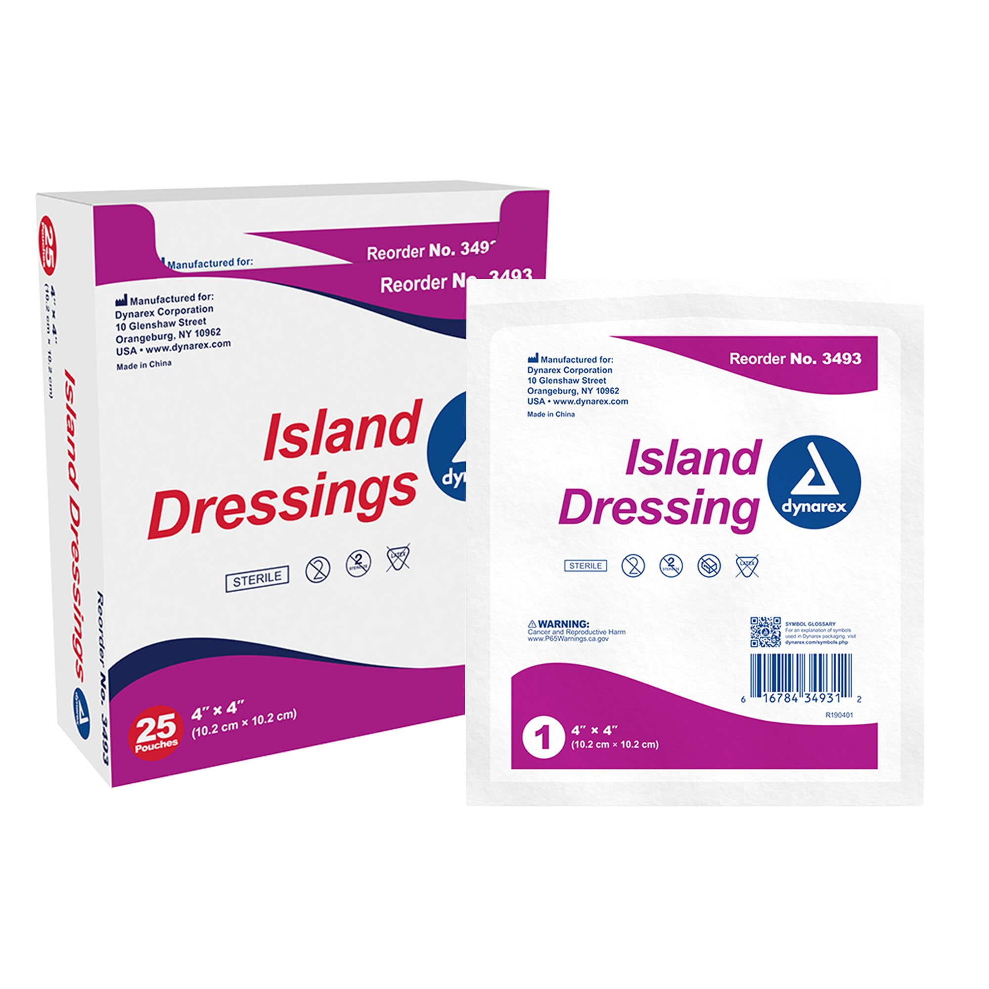 Dynarex White Nonwoven Island Dressing Sterile 4 x 4" 25 per Box HSA ...