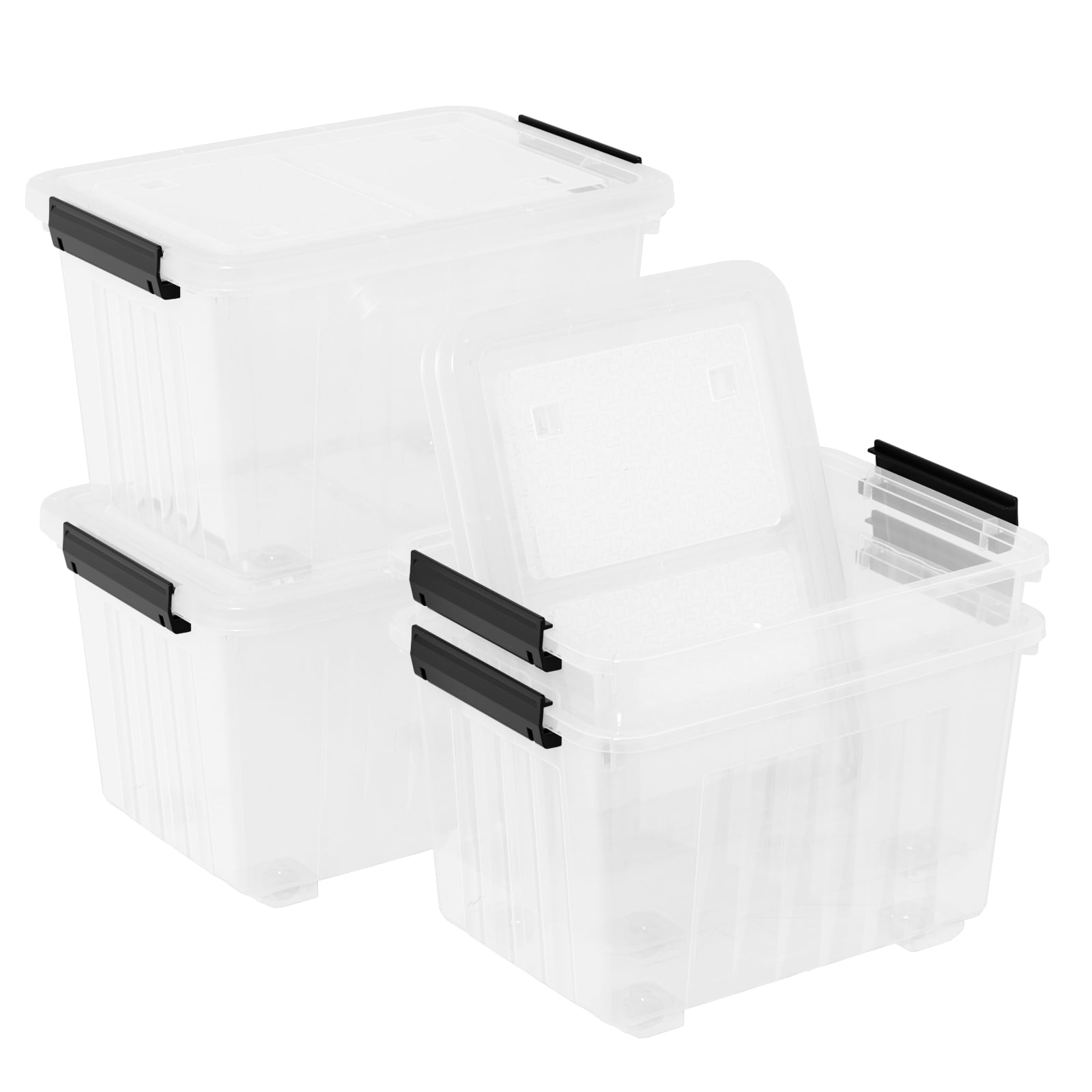 DynkoNA 50 L Plastic Latching Storage Box with Wheels, 4-Pack Clear ...