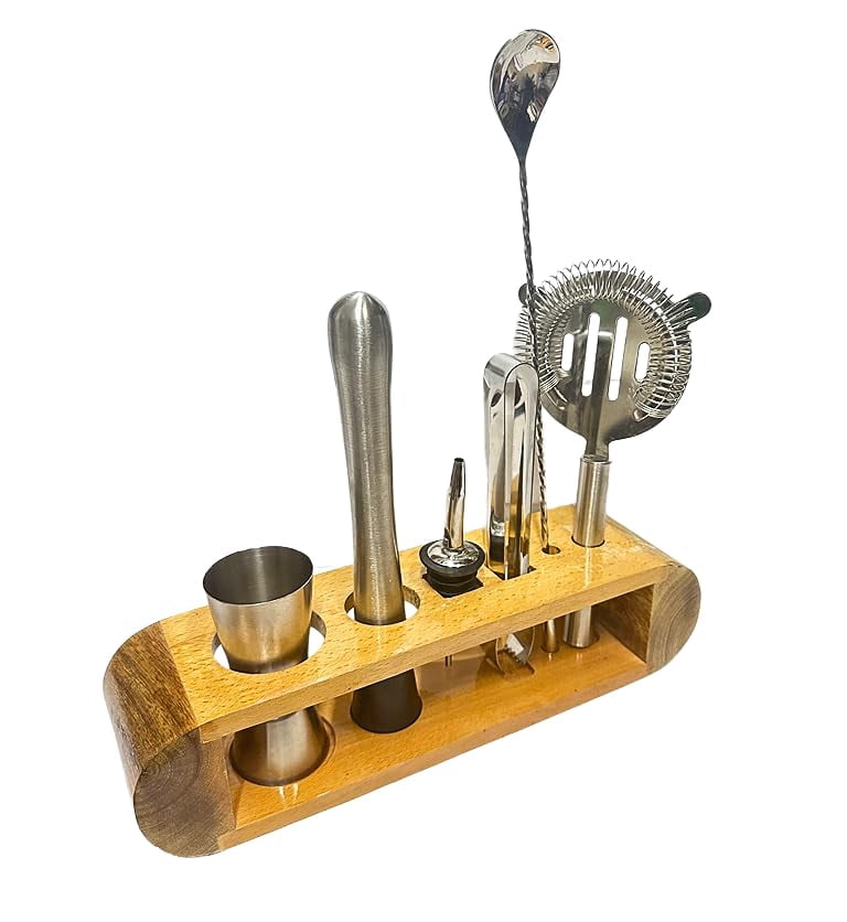 Dynore Stainless Steel Bar Tool Set with Stylish Wooden Stand Perfect ...